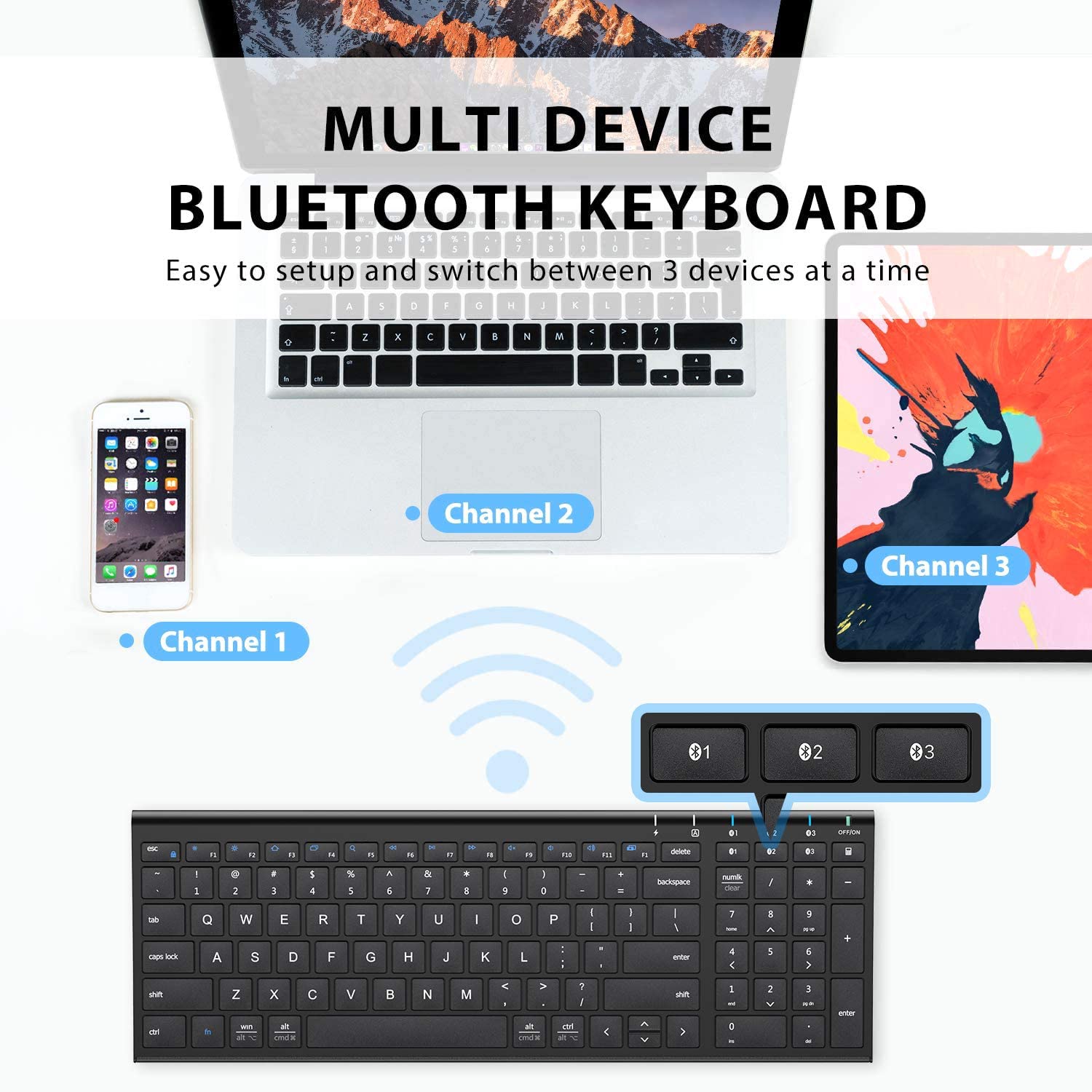 iClever BK10 Bluetooth Keyboard, Universal Wireless Keyboard,Rechargeable Bluetooth 5.1 Multi Device Keyboard with Number Pad Full Size Stable Connection for Windows, iOS, Android, Mac