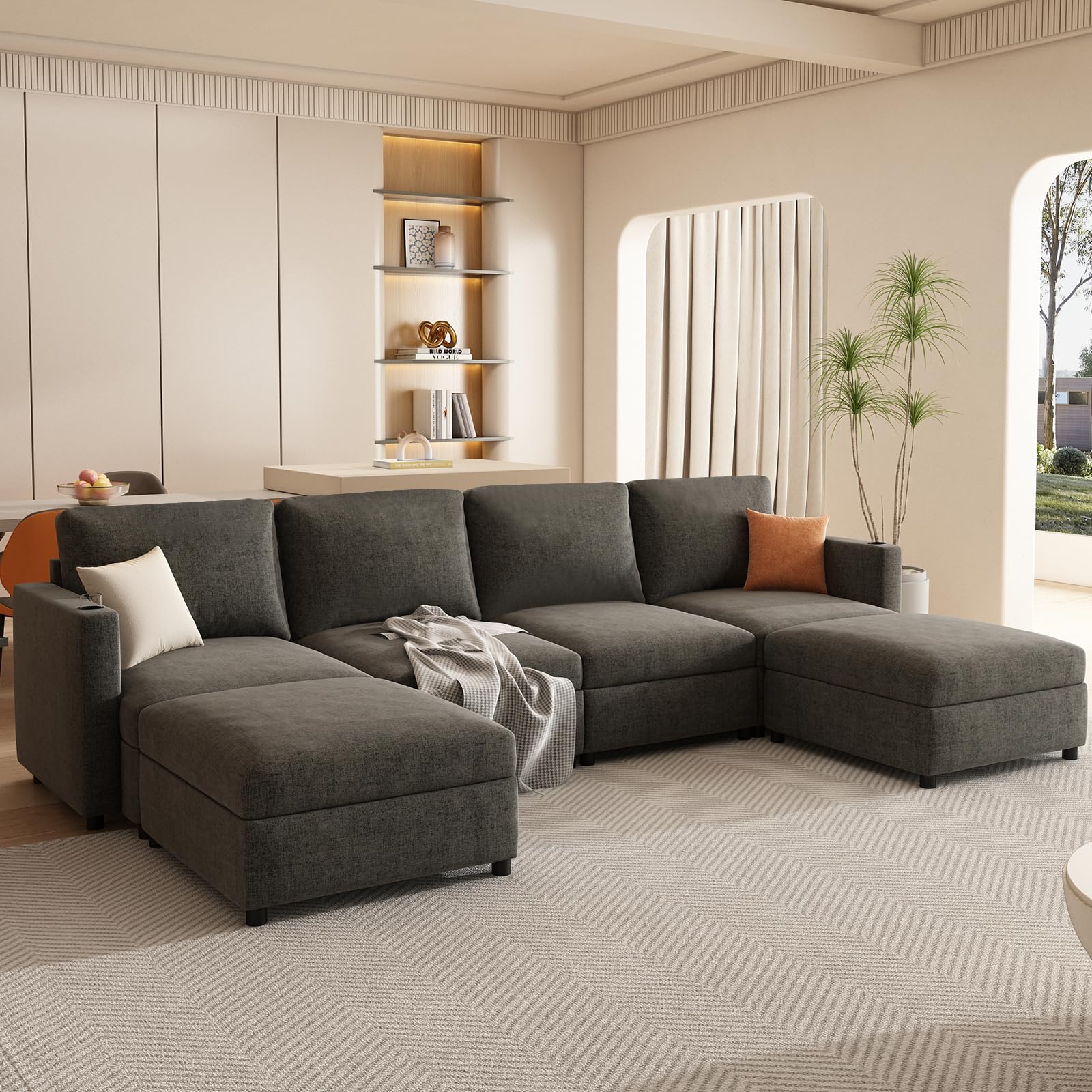 PDNOSC Modern Large Sectional Sofa, U-Shape Modular Sectional Sleeper Sofa with Storage,123" Sofa Bed with Ottoman,6 Seat Sectionals Chaise for Living Room,Chenille (Gray)