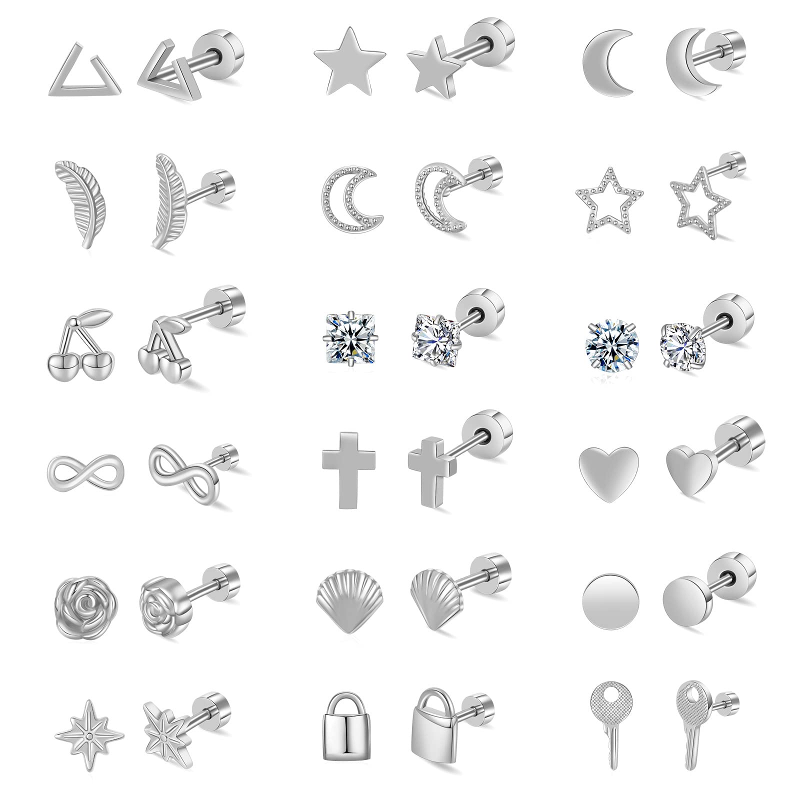 KANOUE 18 Pairs Stainless Steel Stud Earrings Set Moon Heart Cross CZ Tiny Cartilage Geometric Triangle Flat Back Hypoallergenic