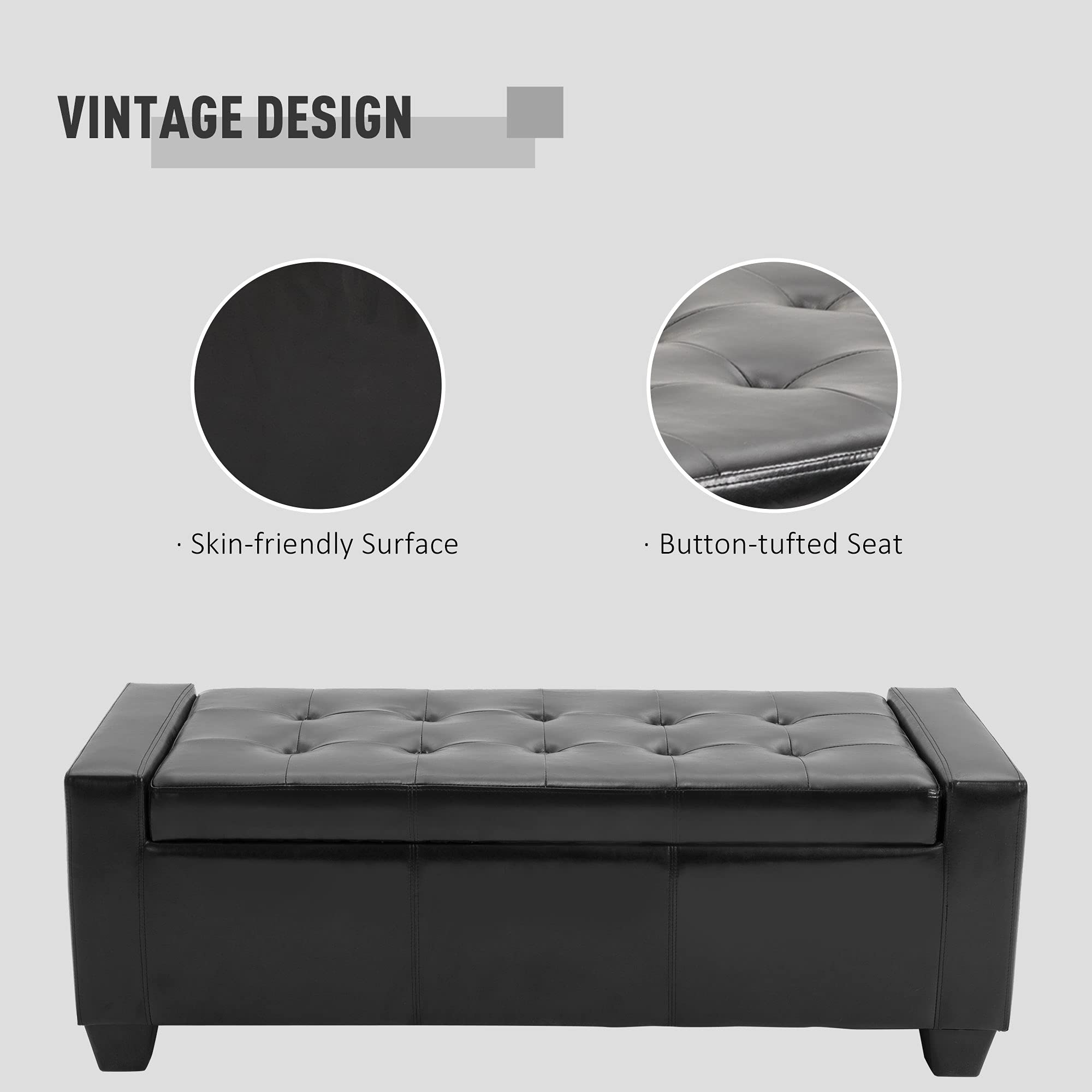 HOMCOM Large 51" Storage Ottoman, Tufted Faux Leather Storage Bench for Living Room, Entryway, or Bedroom, Black
