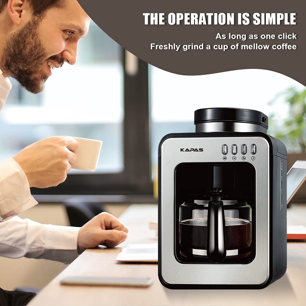 KAPAS Mini Automatic Coffee Machine With Grinding Function, Programmable Timer Mode and Keep Warm Plate, 0.6L Capacity, 600W
