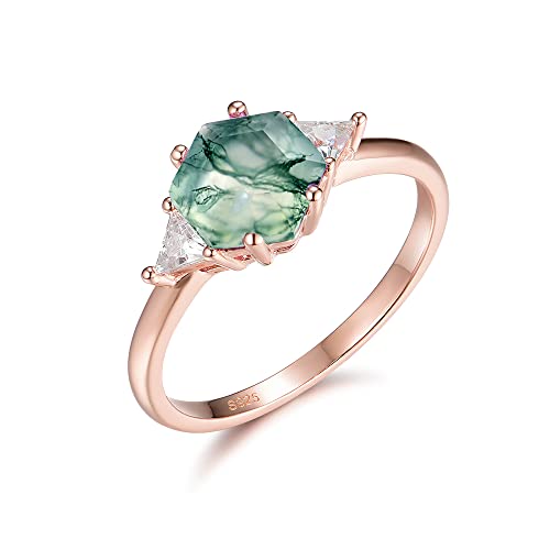 ITI KUOLOLIT 1.5ct Natural Moss Agate Ring Sterling Silver Hexagon Shaped Engagement Ring Green Agate Promise Wedding Rings for Women (Moss agate-White, 7)