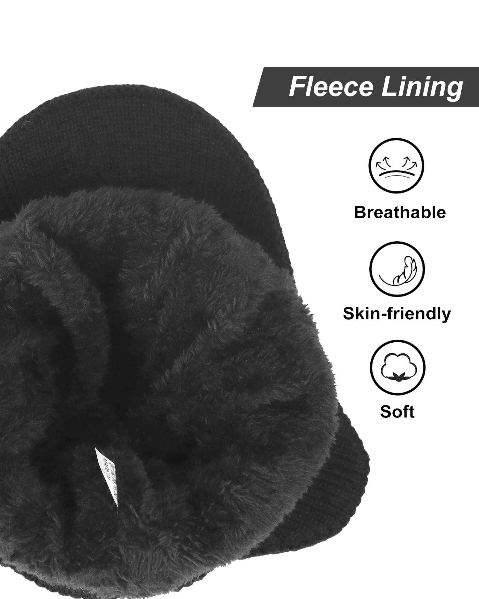 Koreshion Men's Winter Visor Beanie Hat with Earflaps Knit Baseball Cap with Brim Ski Hat Warm Fleece Lined Hunting Hat Black
