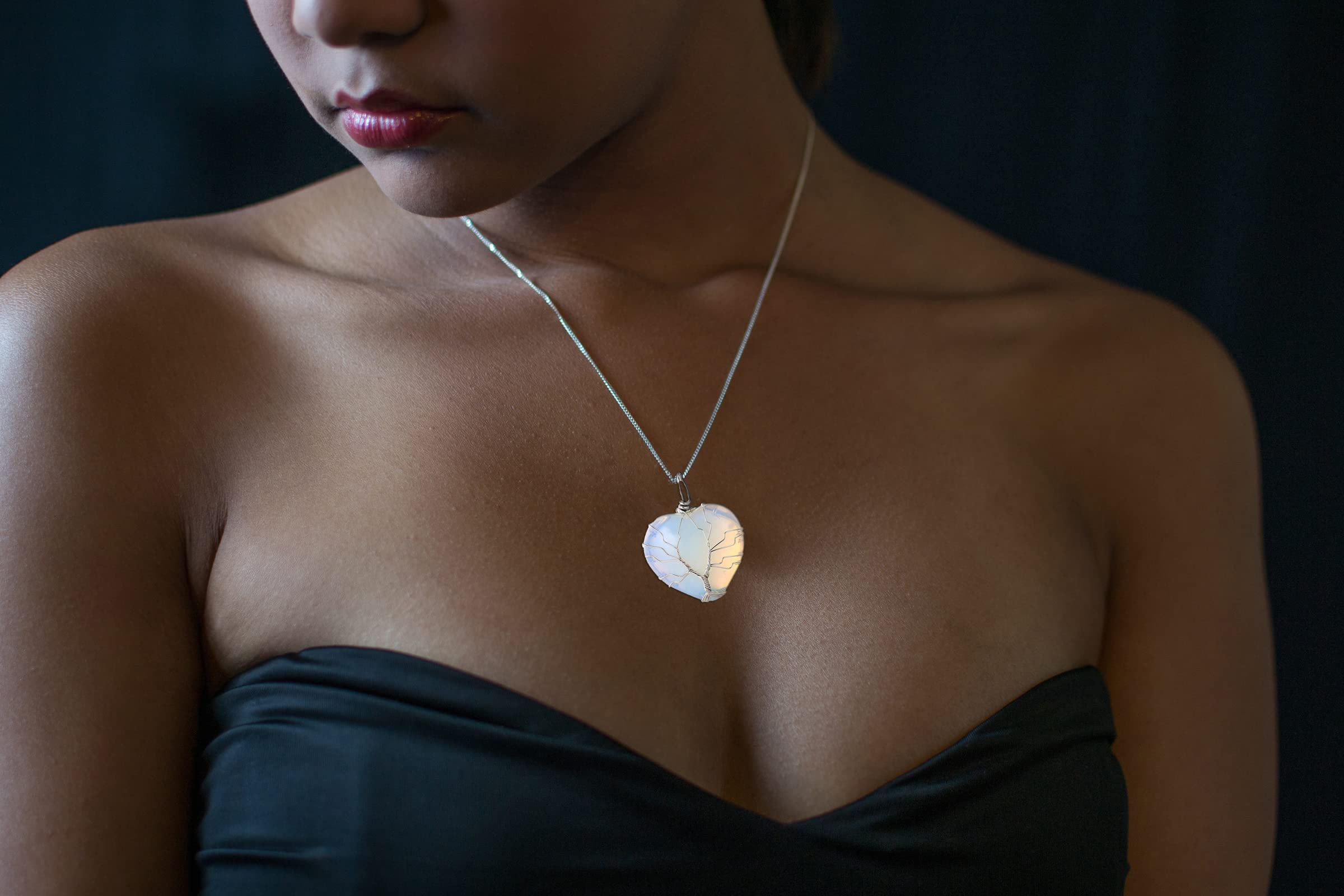 Halukakah Moonstone Necklace - LUNARLOVE - Handmade Platinum Plated Winding Tree of Life Wire, Natural Crystal Heart Shape Pendants and 20" Chainā¦
