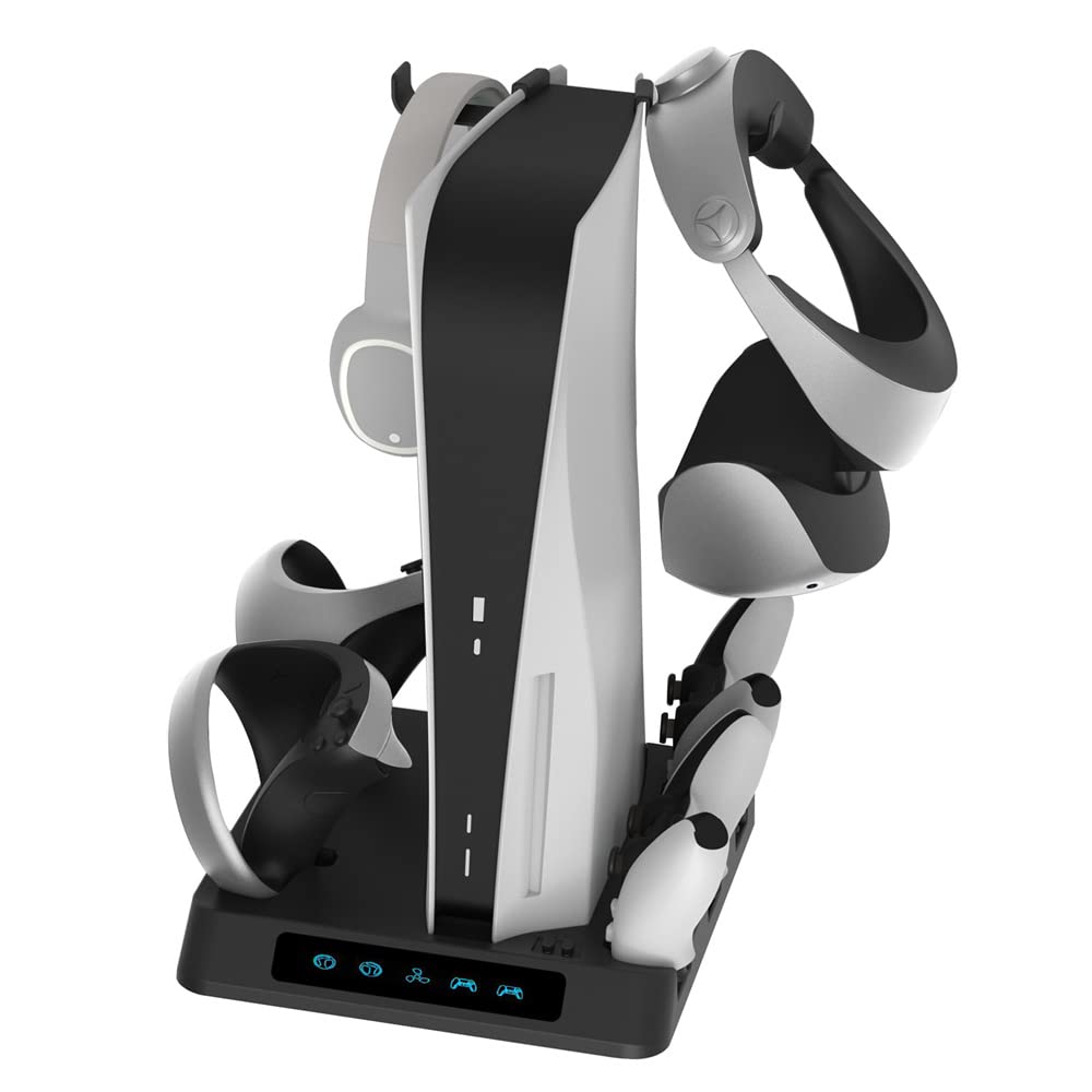 MayHei for PS5 PSVR 2 Cooling Fan Charging Stand with Dual Controller Charging Vertical Stand for PS5 Console Headset VR2 Glasses Accessories