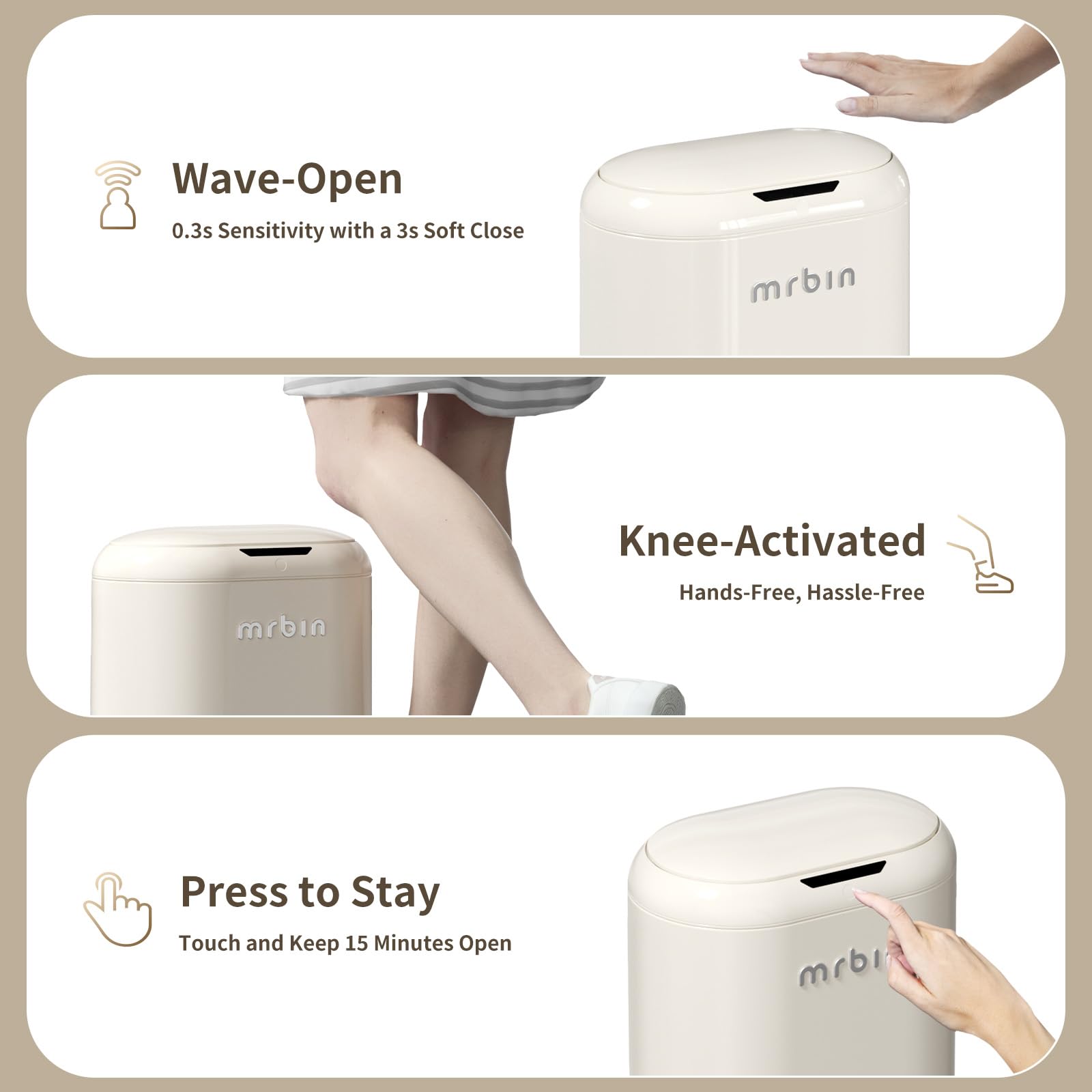 MRBIN Automatic Trash Can for Bathroom, Metal Touchless Garbage Bin with Lid, 3.4 Gallon Small Slim Trash Can for Office and Kitchen, Electric Motion Sensor Bedroom No Touch Bin, Cream White