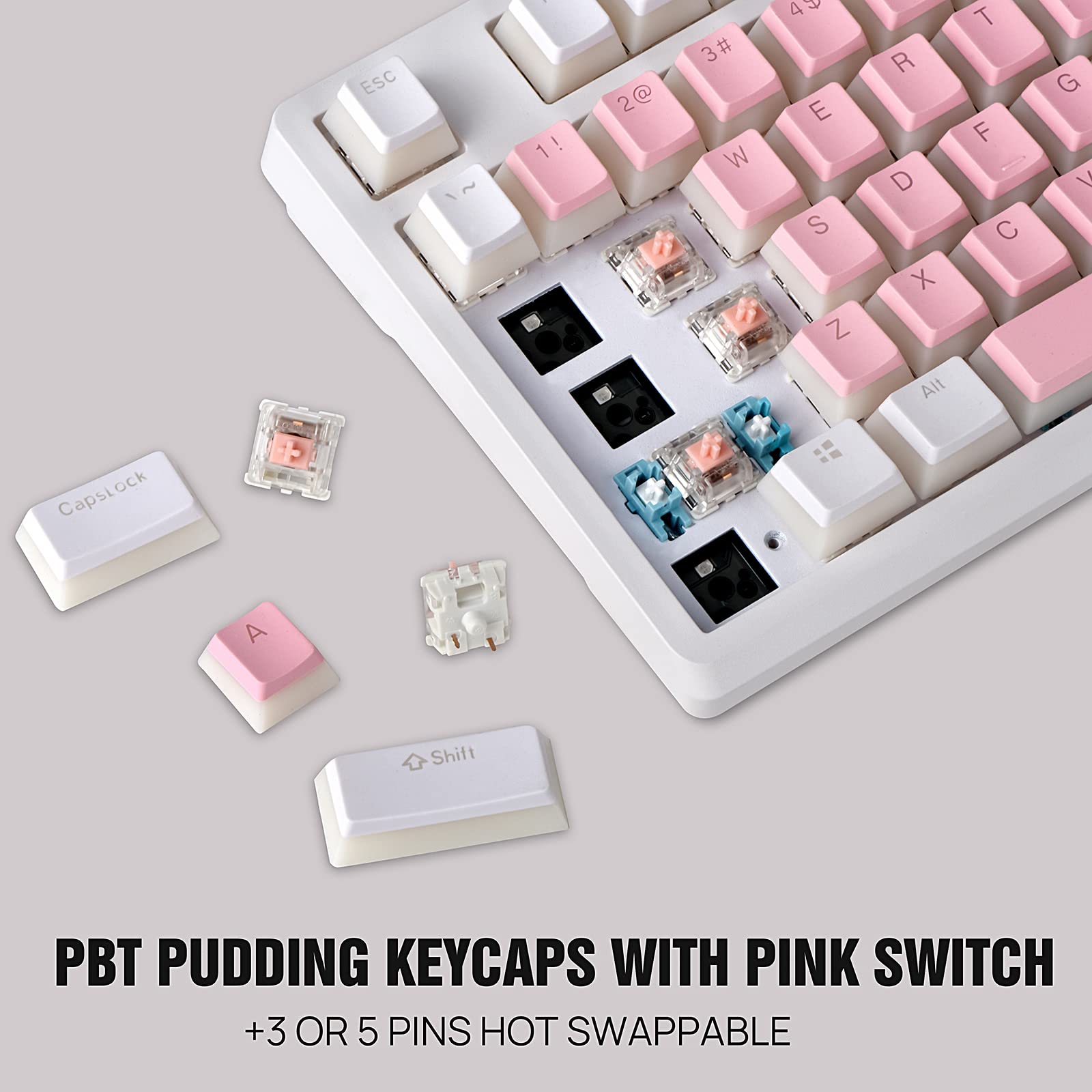 KOLMAX 98Key RGB Hot-swappable Mechanical Gaming Keyboard, 2.4G Wireless/BT5.0/Wired with PBT Double-Shot Pudding Keycaps Pink-White Gaming Keyboard for Mac & Win Programmable Macro (Pink Switches)