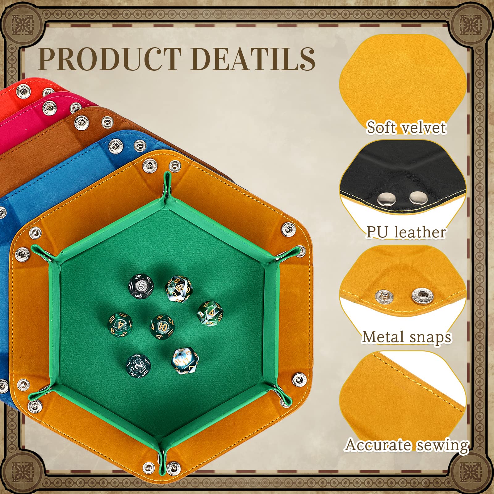 Hanaive 9 Pcs Dice Tray Set, Foldable Hexagon Rolling Tray PU Leather Portable Dice Holder Compatible with RPG Dice Games Other Table Games 9.6 W x 1.6 H