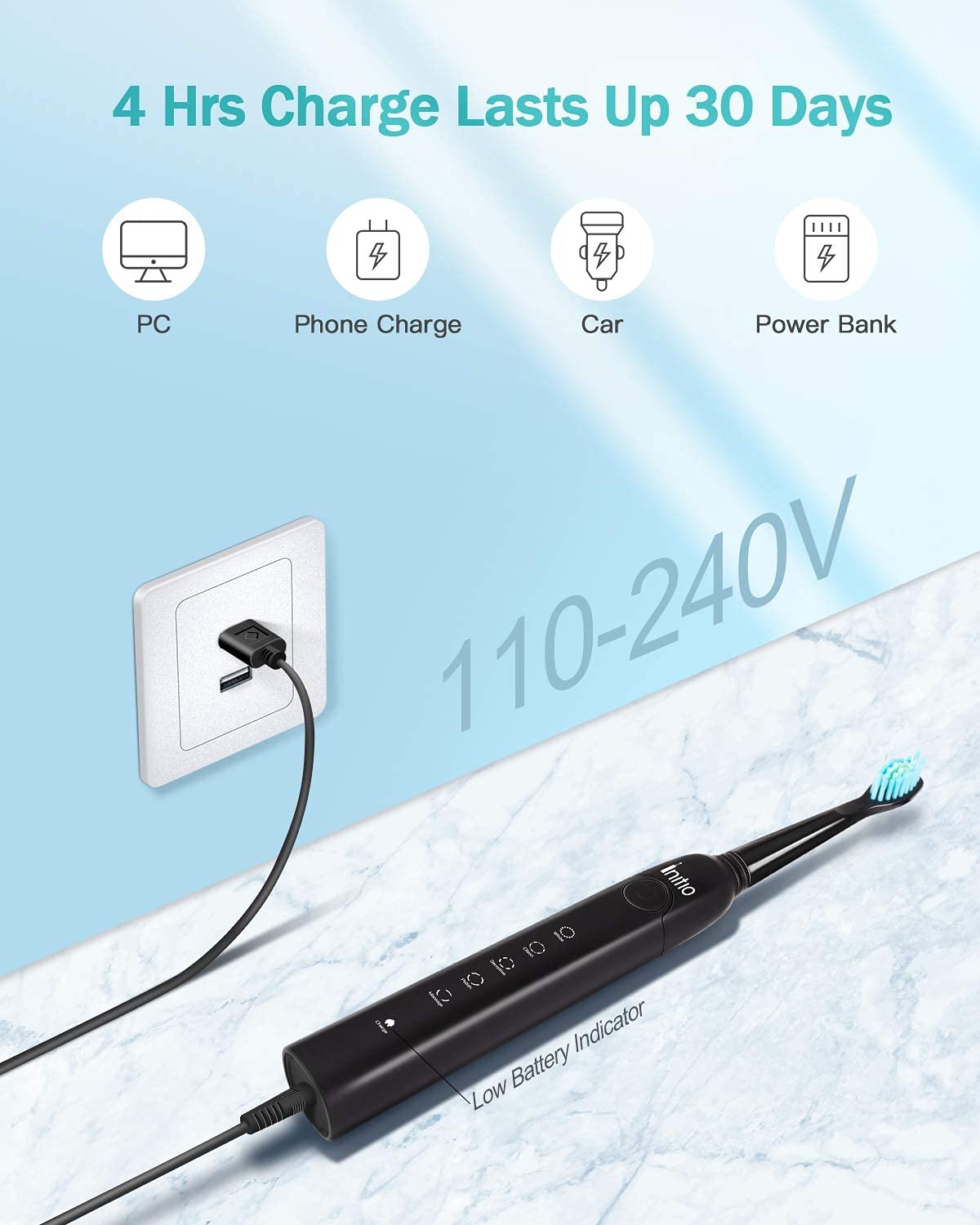 Initio Sonic Electric Toothbrush for Adults, Rechargeable Toothbrush with Smart Timer, 5 Modes, 3 Brush Heads, 40,000 VPM Motor, Whitening Power Toothbrush, IT959, Black