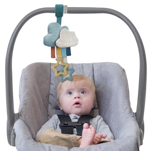 Itzy Ritzy Jingle Travel Toy for Stroller, Car Seat or Activity Gym - Baby Hanging Toy Features Jingle Sound, Clinking Rings & Adjustable Attachment Loop (Pastel Rainbow)