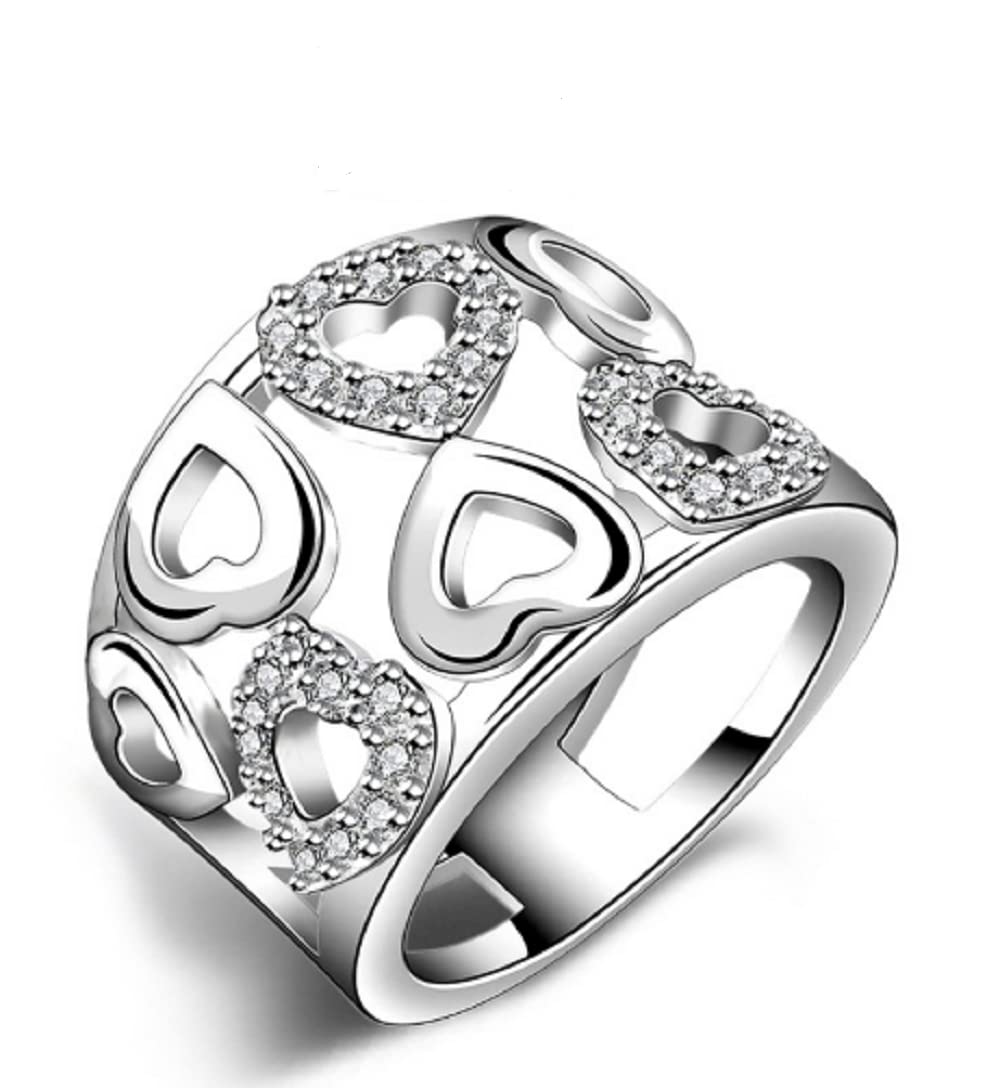 HUKQBUNX 925 Sterling Silver Multi Love Multi Gem Heart-Shaped Diamond Ring Square Crystal Zircon Women's Fresh Fashion Wedding Engagement Ring Size 7-9 (Size 9)