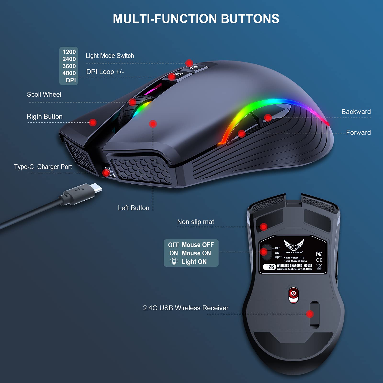 HETOETF Rechargeable Wireless Gaming Mouse, RGB LED Backlit Mouse with 4 Adjustable DPI, 7 Button, 2.4G USB Optical Gaming Ergonomic Computer Mice for Laptop PC Gamer Computer Desktop (Black)