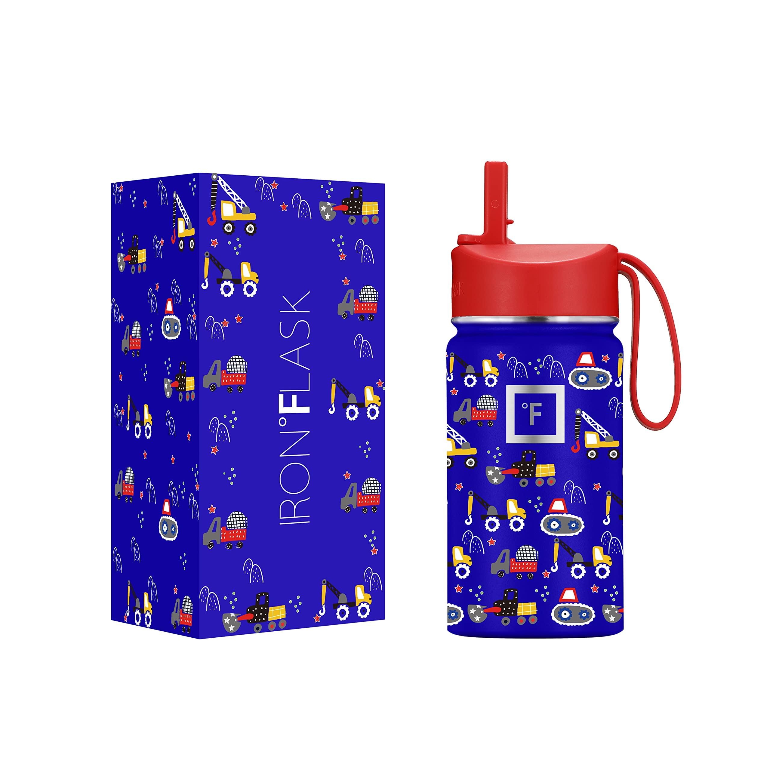 IRON °FLASK Kids Water Bottle - 14 Oz, Straw Lid, 20 Name Stickers, Vacuum Insulated Stainless Steel, Double Walled Tumbler Travel Cup, Thermo Mug - Valentines Day Gifts - Construction Zone