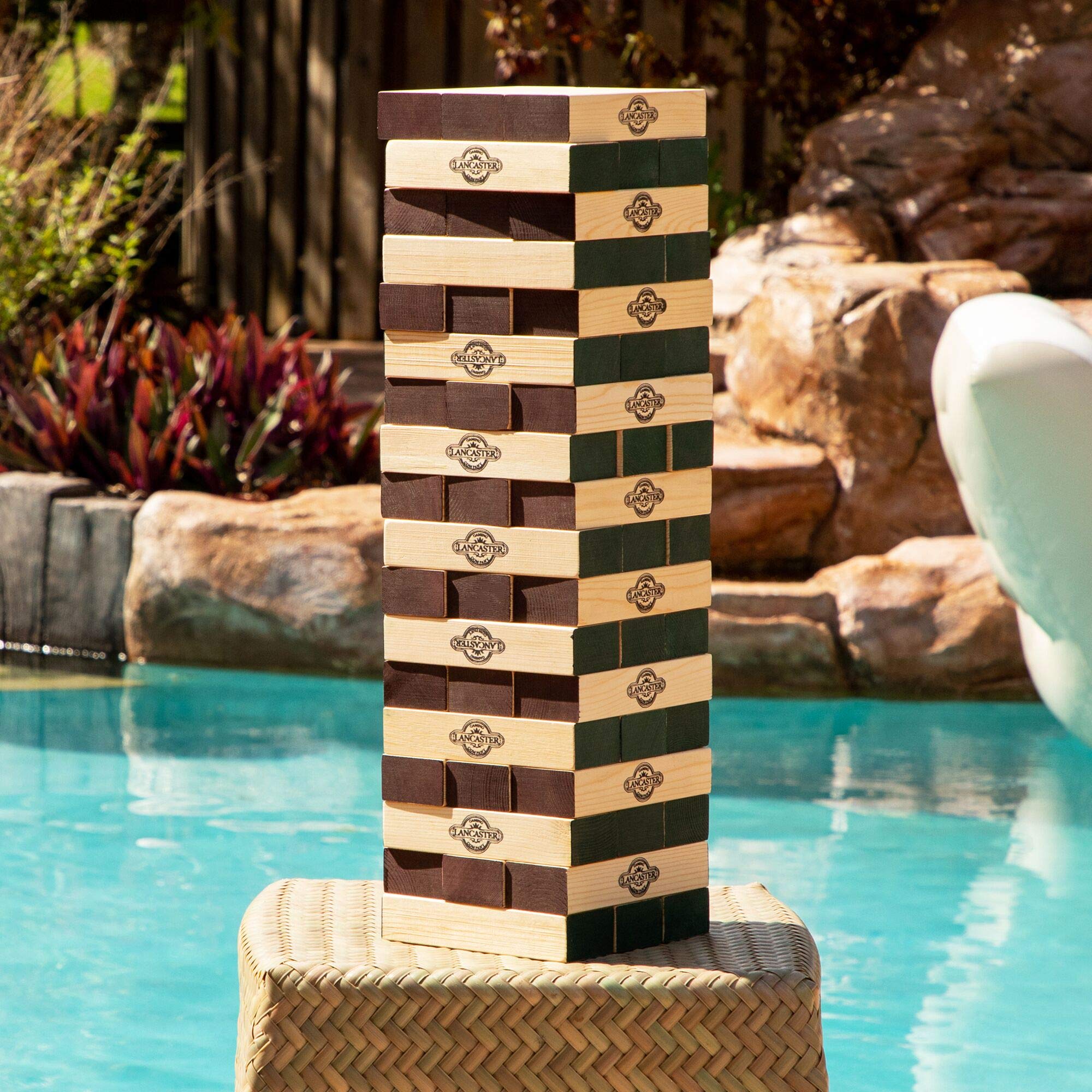 Lancaster Gaming Company Giant Oversized Wooden Jumbo Tumbling Tower Outdoor Game for Tailgating, Camping, 54 Pieces, Black & Pine