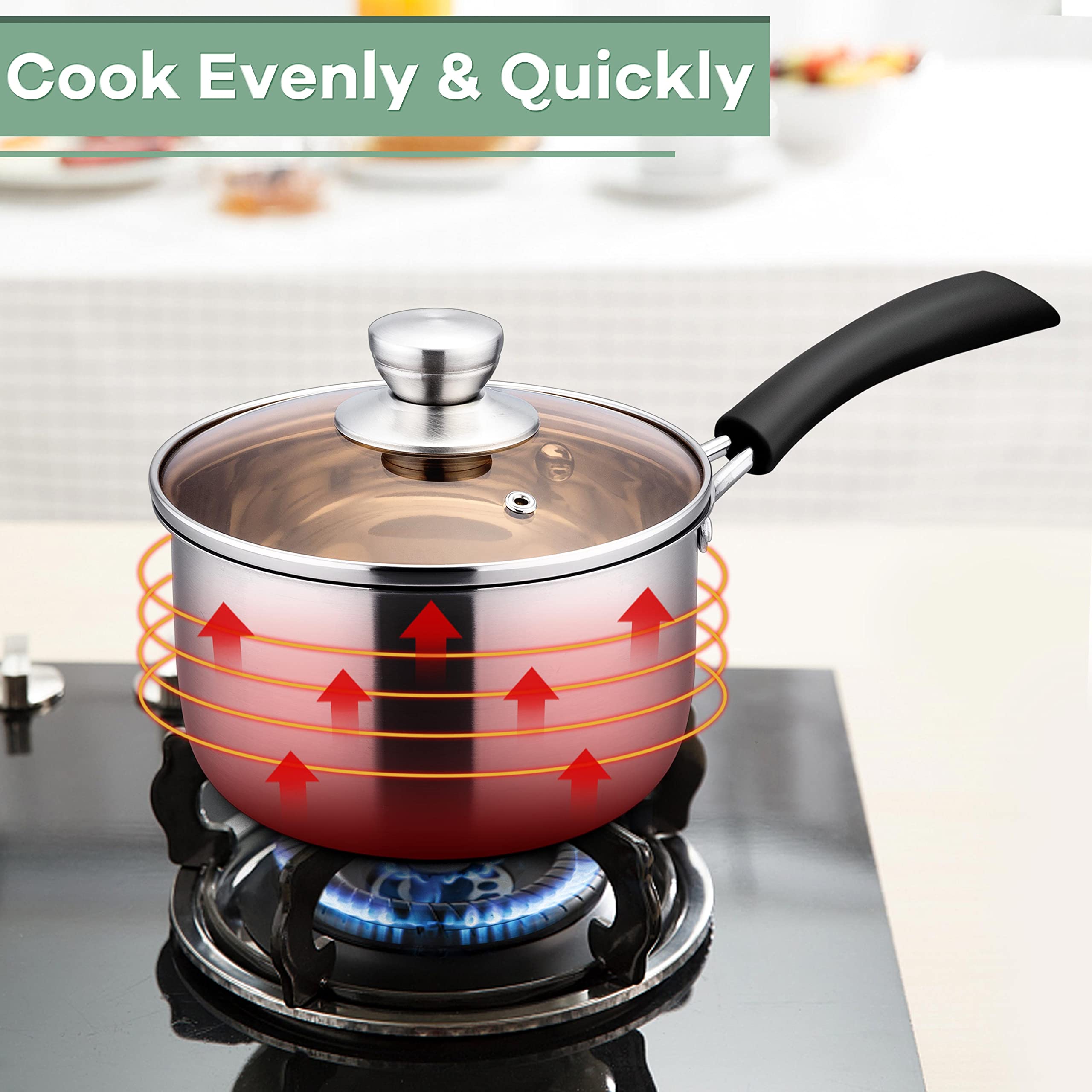 Herogo 1 Quart Saucepan with Lid, 18/10 Stainless Steel Nonstick Small Sauce Pan Pot, 1Qt Saucepan for Gas Electric Stove Top Camping, Healthy & Rust Free
