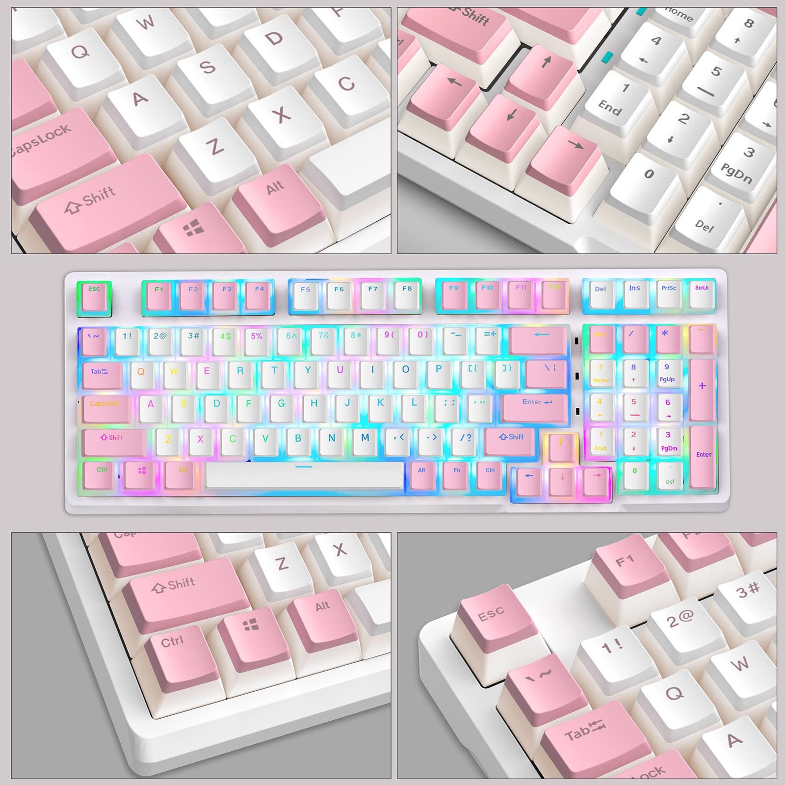 KOLMAX 98-Key RGB Hot-swappable Mechanical Gaming Keyboard, 2.4G Wireless/BT5.0/Wired with PBT Double-Shot Pudding Keycaps White-Pink Gaming Keyboard for Mac & Win Programmable Macro (Pink Switches)