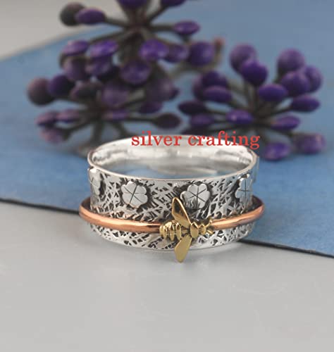 Honey Bee Spinner 925 Sterling Silver Meditation Ring Beautiful Flower Design Handmade Vintage Silver Spinner Ring (12.5)