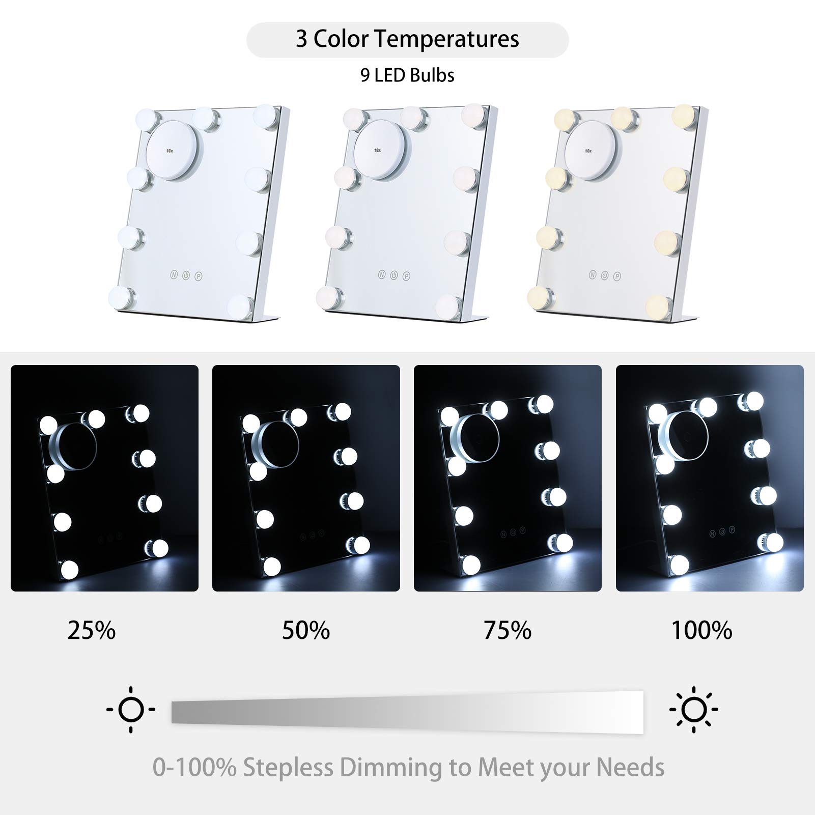 Hollywood Mirror with Light Lighted Vanity Makeup Mirror Cosmetic Mirror Touch Control 9 LED Bulbs 3 Colors Dimmable Light 10X Magnification(White)
