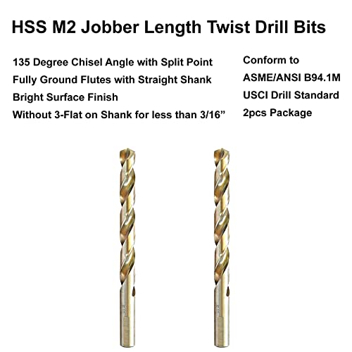 MAXTOOL 7/16" 2pcs Identical Jobber Length Drills HSS M2 Twist Drill Bits Fully Ground Bright 3-Flat Straight Shank Drills; JBF02W13R28P2