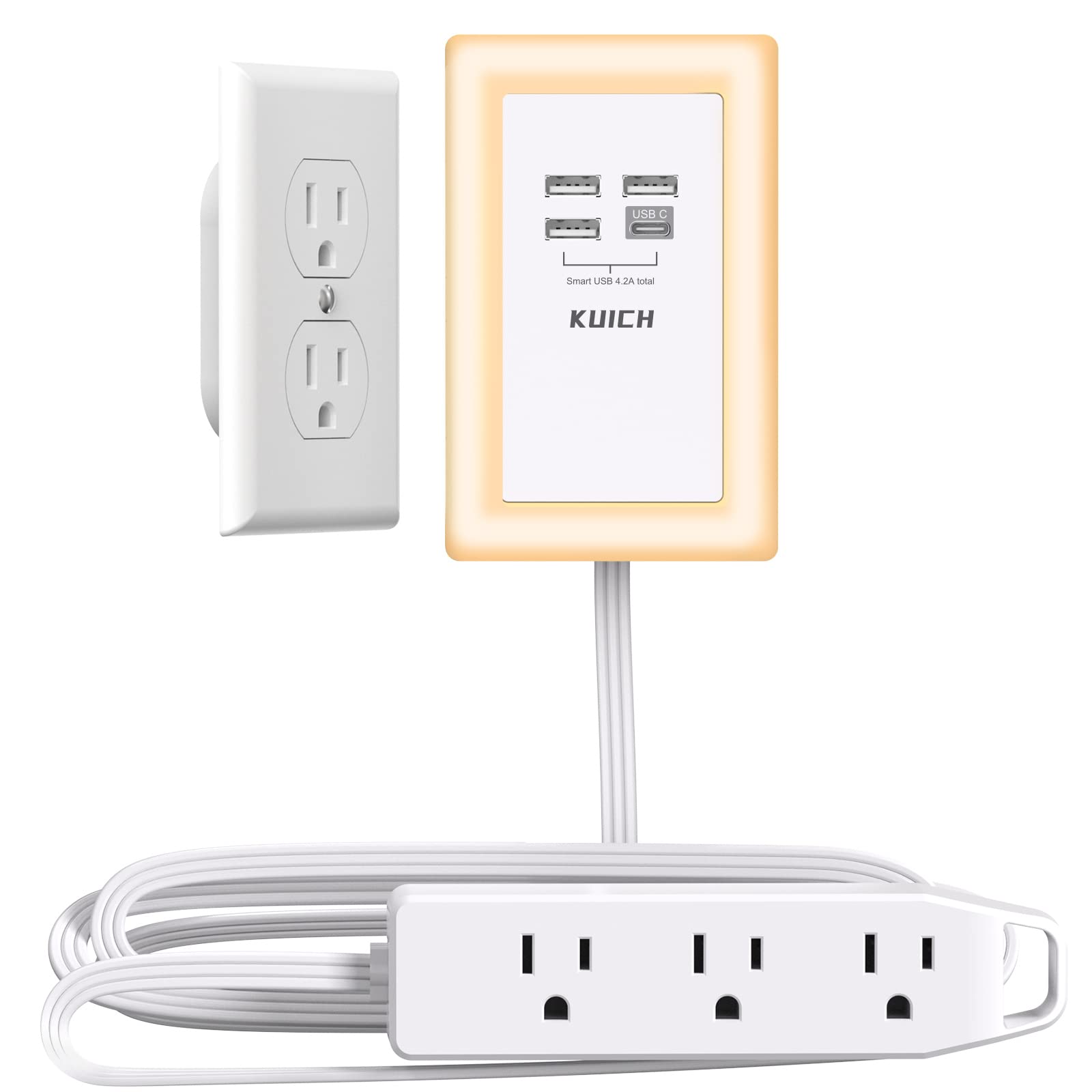 KUICH Power Strip with Night Light and 4 USB Ports Power Plug, 6 Ft Extension Cord and 3 Outlet Extender, Wall Mount for Home Office Dorm Room Essentials, ETL Listed