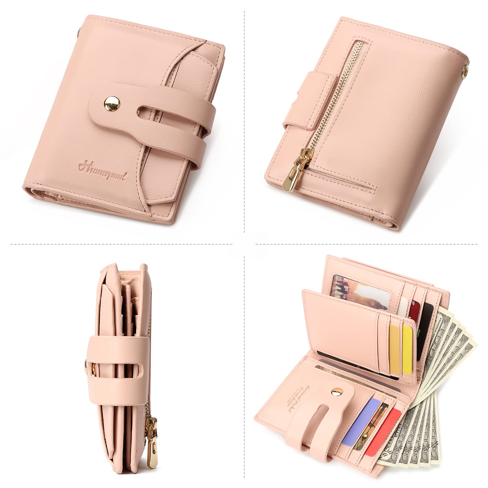 HUMERPAUL Women‘s Leather Wallet RFID Blocking Small Compact Bifold Zipper Pocket Purse with ID Window and Card Case, Brown