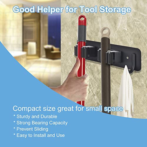 Kozci 2 Pack Broom Holder Wall Mount, Anti-Slip Mop Holder Broom Organizer Wall Mount Self Adhesive Stainless Steel Tool Storage Rack Broom Hanger for Kitchen Garden Garage (2 Racks 1 Hook)