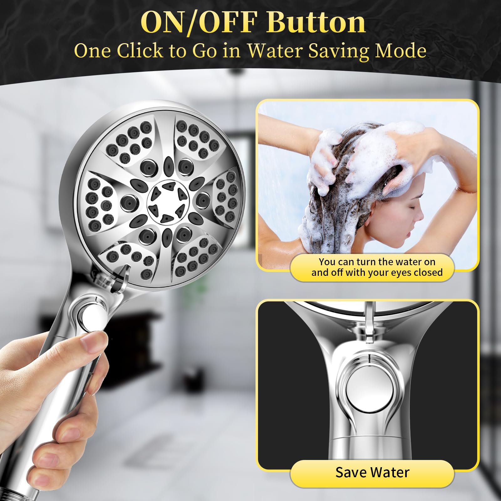 High Pressure 10-mode Handheld Shower Head Set with 60" Hose, ROOSSI Detachable Filter Shower Head with ON/OFF Pause Switch Built-in 2-Mode Tub & Tile Power Wash (Chrome)