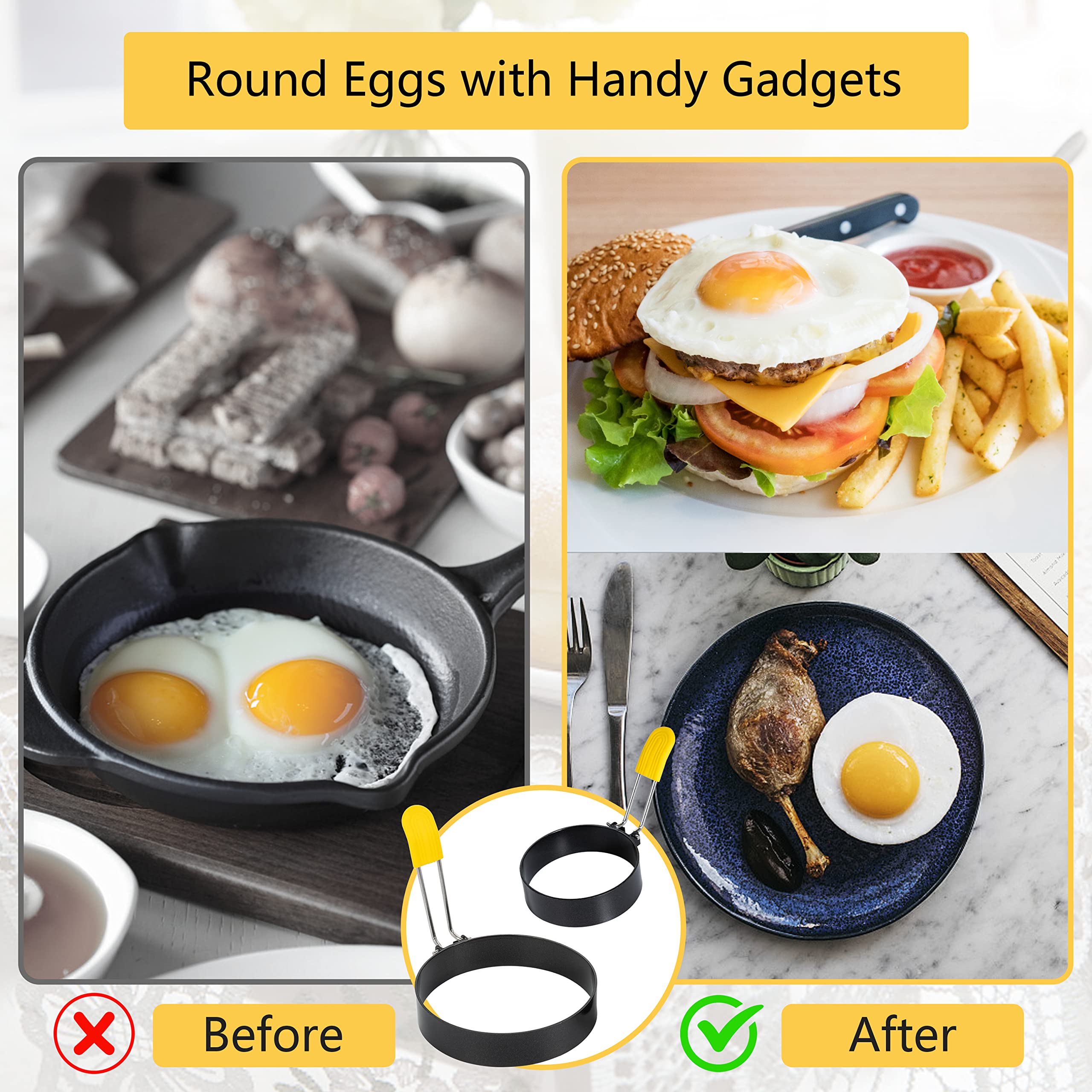 KLEINKITCH Egg Rings β 5 Piece Set of 2 Small and 2 Large Egg Molds for Frying Eggs with Oil Brush Plus Recipe EBook β Professional Portable Round Egg and Pancake Rings β 3 Inch and 4-Inch Sizes