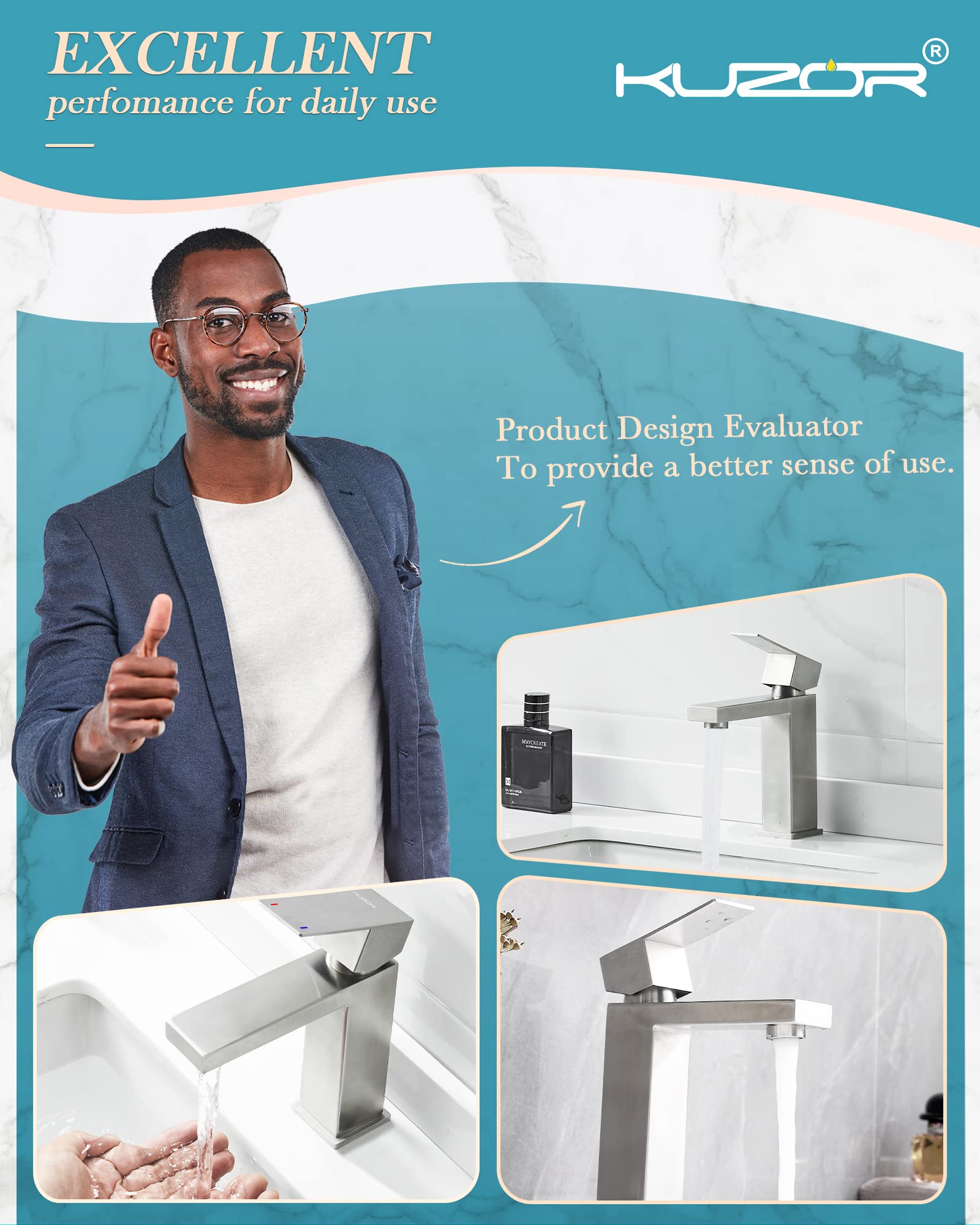 KUZOR Bathroom Faucets Single Hole, Brushed Nickel Bathroom Sink Faucet One Hole 1 Handle, 304 Stainless Steel Modern Faucet for Bathroom Sink Square
