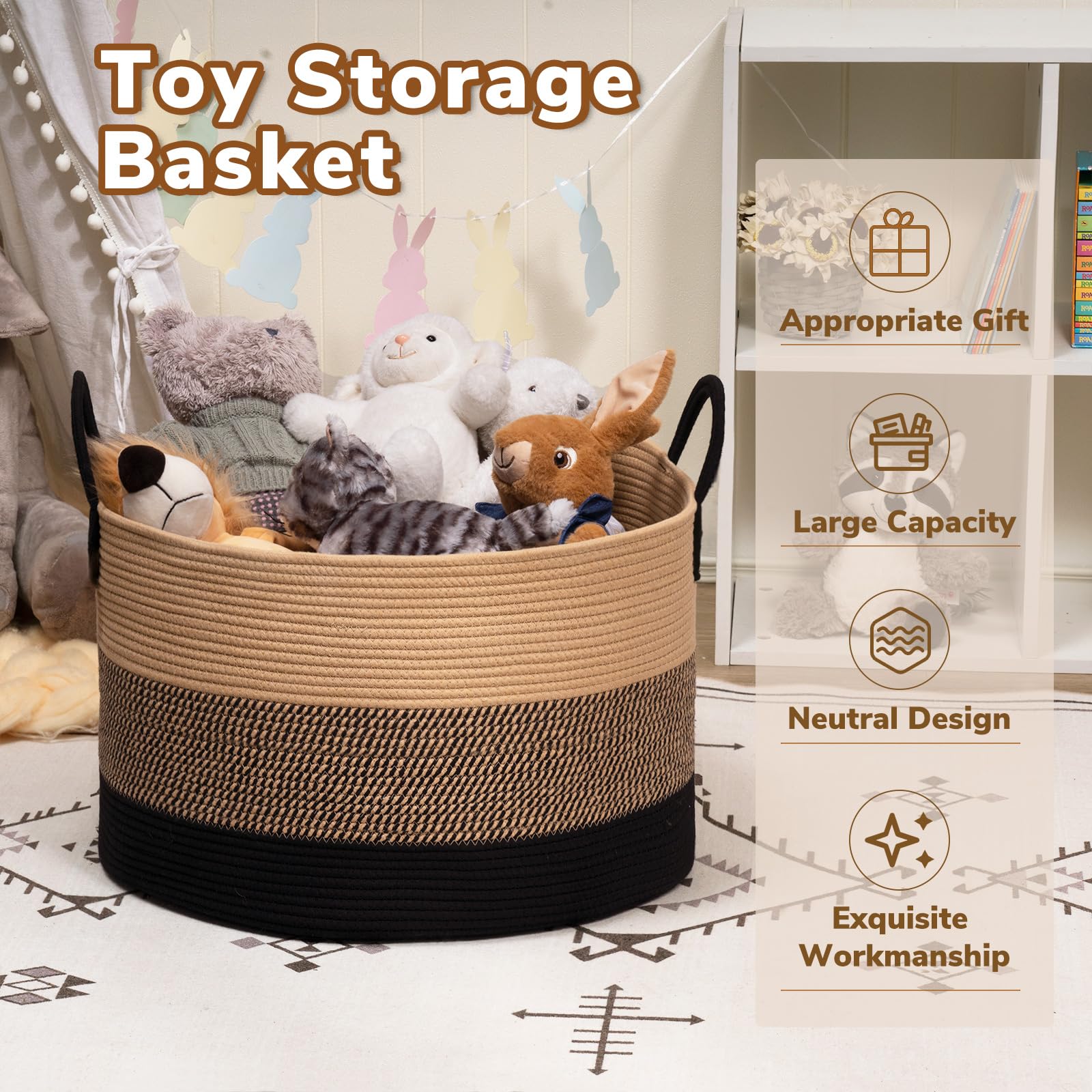 INDRESSME XXXLarge Woven Rope Basket 21" x 14" Blanket Storage Basket with Long Handles Decorative Clothes Hamper Basket Extra Large Baskets for Blankets Pillows