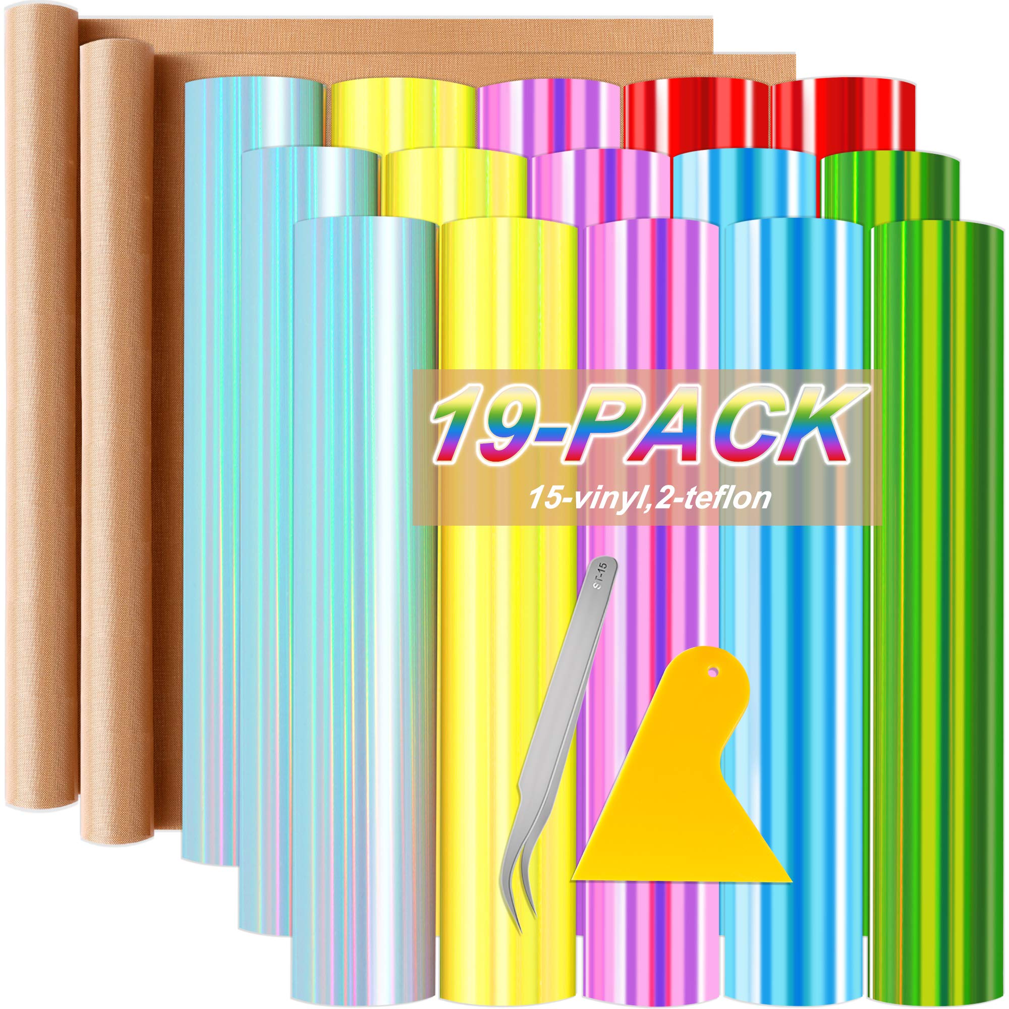Holographic Heat Transfer Vinyl, HIRALIY 15 Sheets 12" x 10" Sparkly Rainbow Laser Iron on Vinyl 19 Pack HTV Bundle Including Teflon Sheets Weeding Tweezers Scraper for Cricut