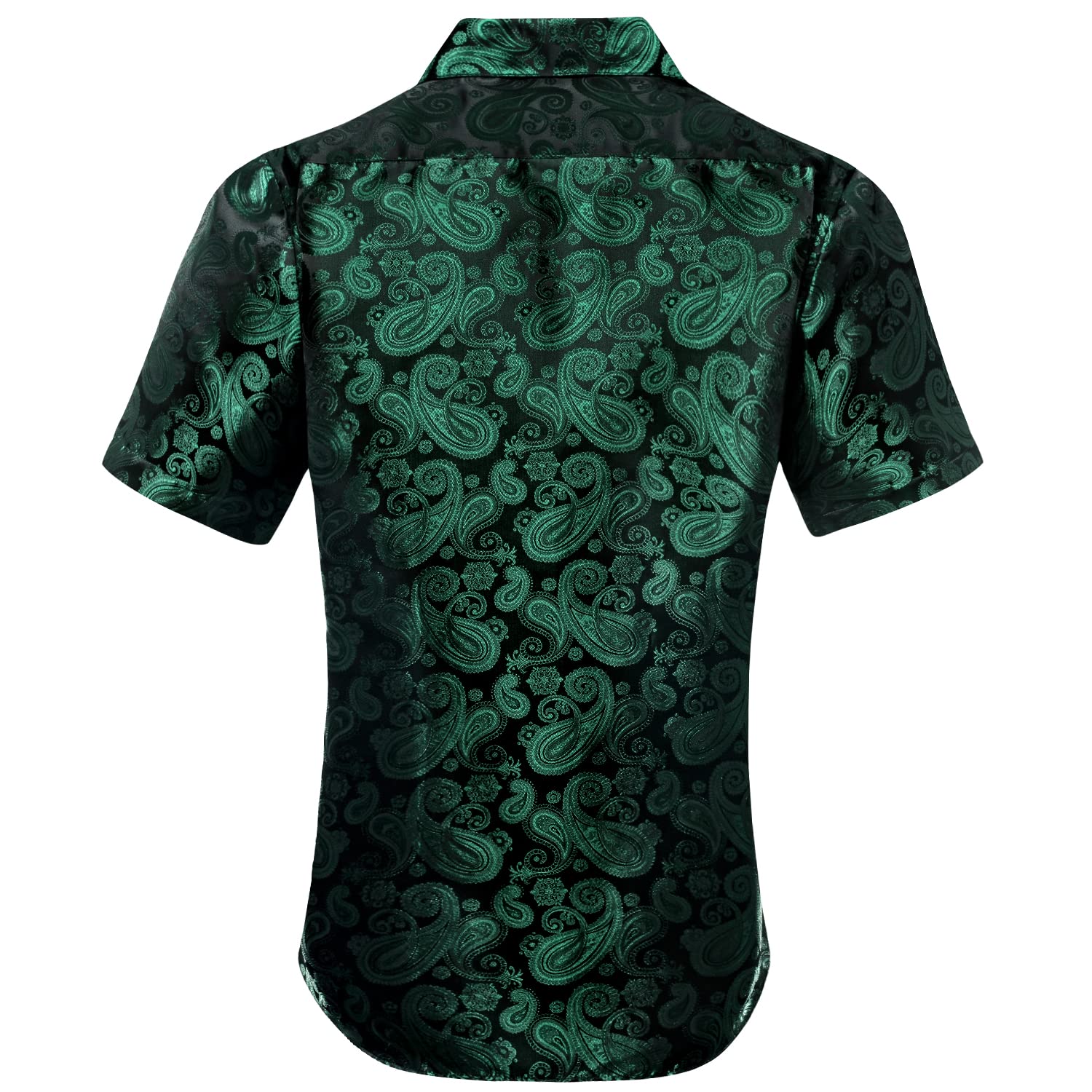 Hi-Tie Silk Dark Green Mens Dress Shirt Jacquard Short Sleeve Regular Fit Turn Down Collar Shirts for Casual Vacation Party