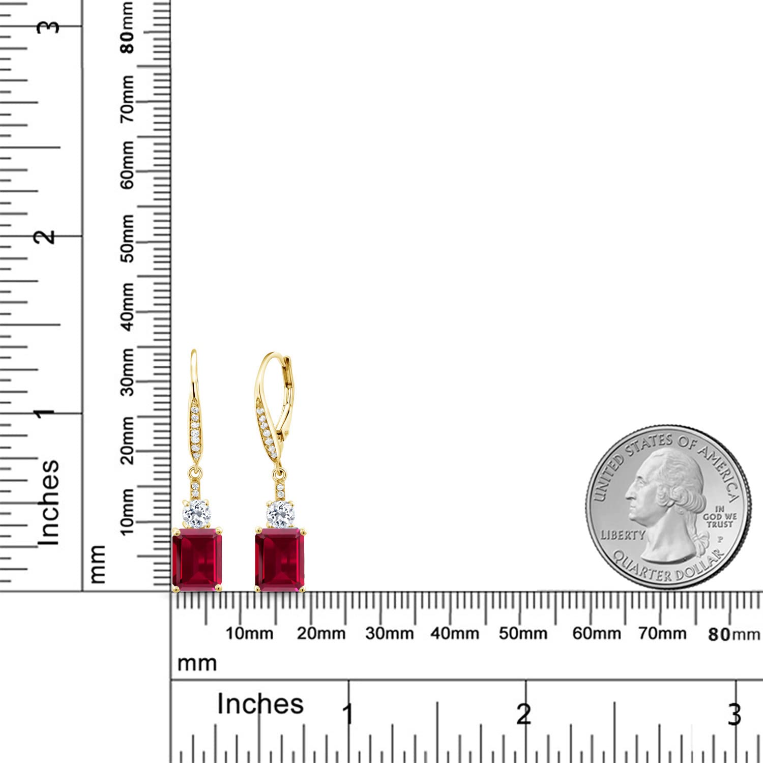 Gem Stone King 18K Yellow Gold Plated Silver Red Created Ruby and White Topaz Dangle Earrings For Women (6.26 Cttw, Gemstone July Birthstone, Emerald Cut 9X7MM)