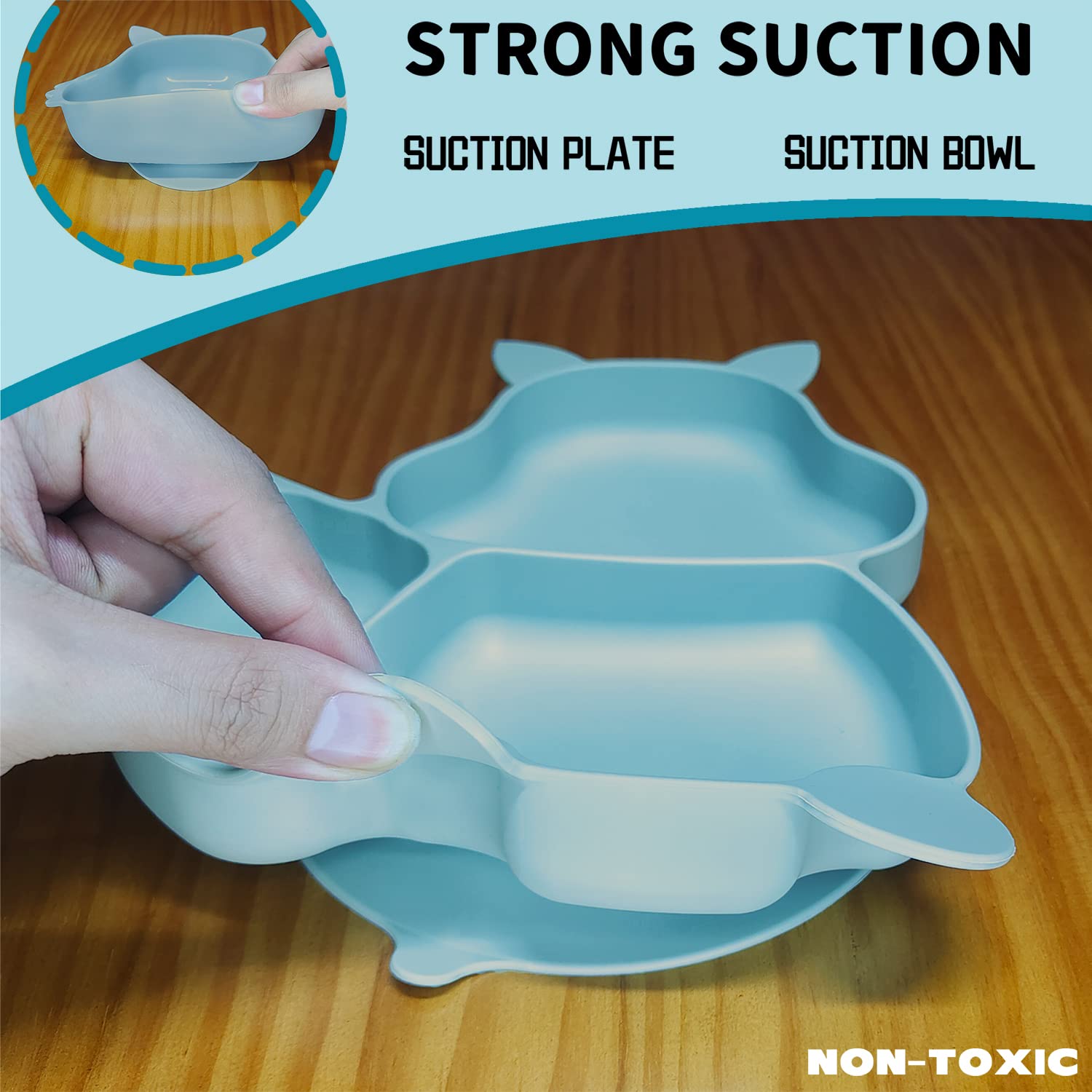 Langmeil 8 Pcs Silicone Baby Feeding Set, Baby Led Weaning Supplies, Cute Squirrel, Silicone Suction Bowl Divided Plate Adjustable Bib Soft Silicone Spoon Fork Cup, Baby Self Feeding Utensils(Blue)