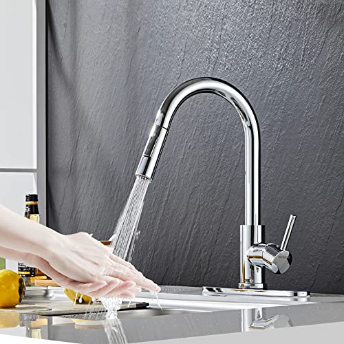 KSUCBOHAR Kitchen Faucets with Pull Down Sprayer,Single Handle High Arc Kitchen Sink Pull Out Faucet with Deck Plate,Commercial Modern Stainless Steel rv Kitchen Faucet,Glossy