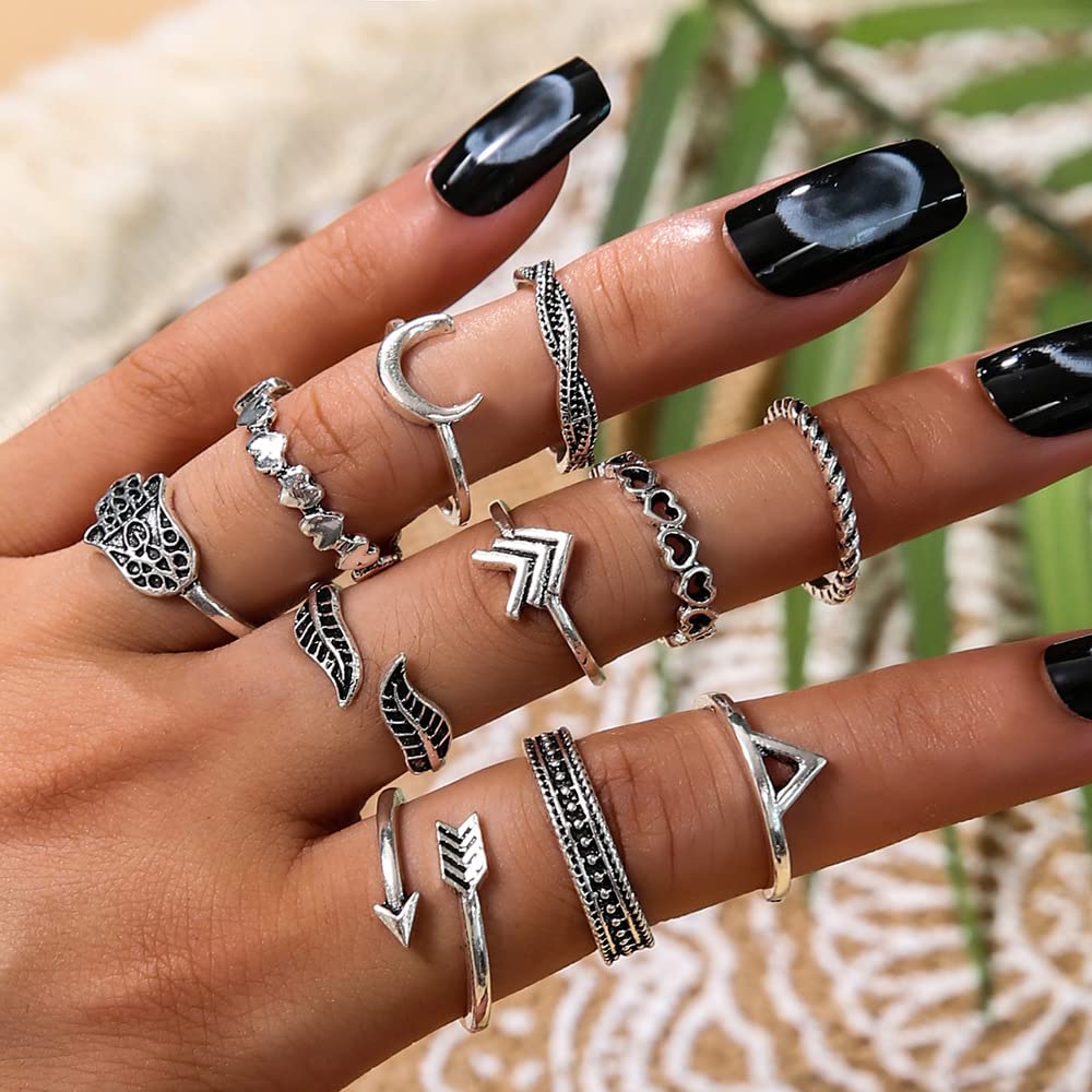 Jumwrit Bohemian Knuckle Rings Set Vintage Finger Rings Set Midi Rings Love Heart Ring Index Rings Silver Band Ring Stackable Rings for Women(11PCS)