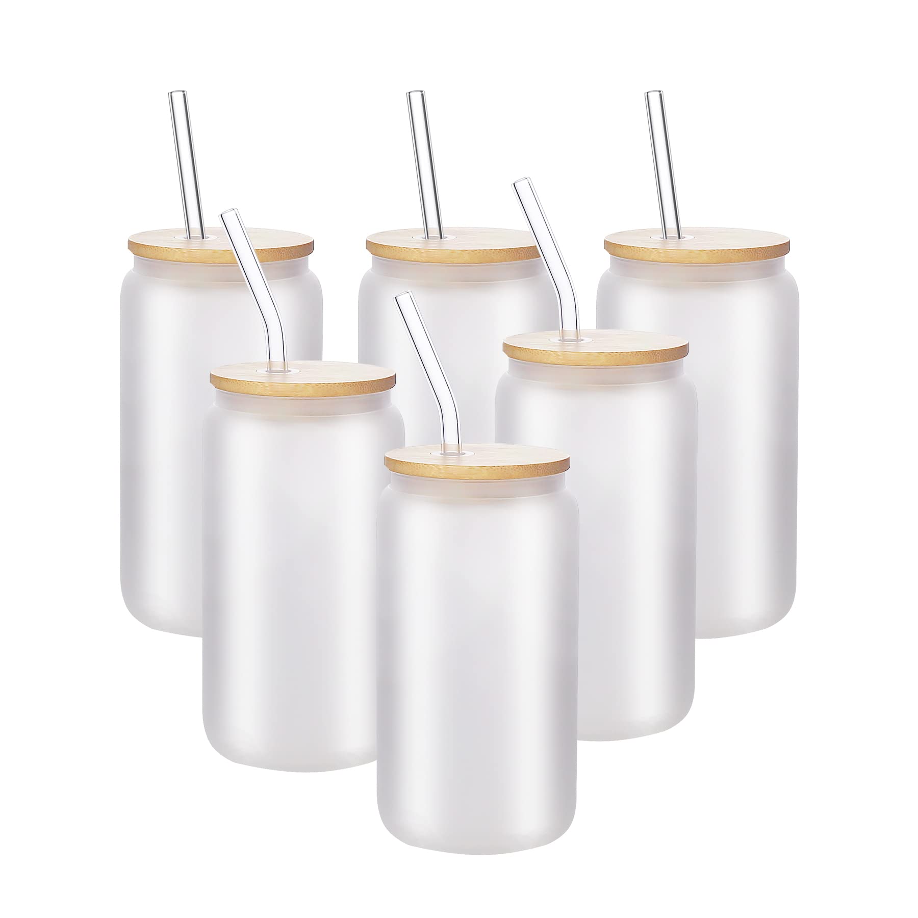 ktondic 6 Pack Sublimation Glass Cans Blanks Frosted, 16 OZ Sublimation Beer Tumblers with Lid and Straws,Frosted Glass CupsIce Coffee Cups for Juice Soda Cocktail