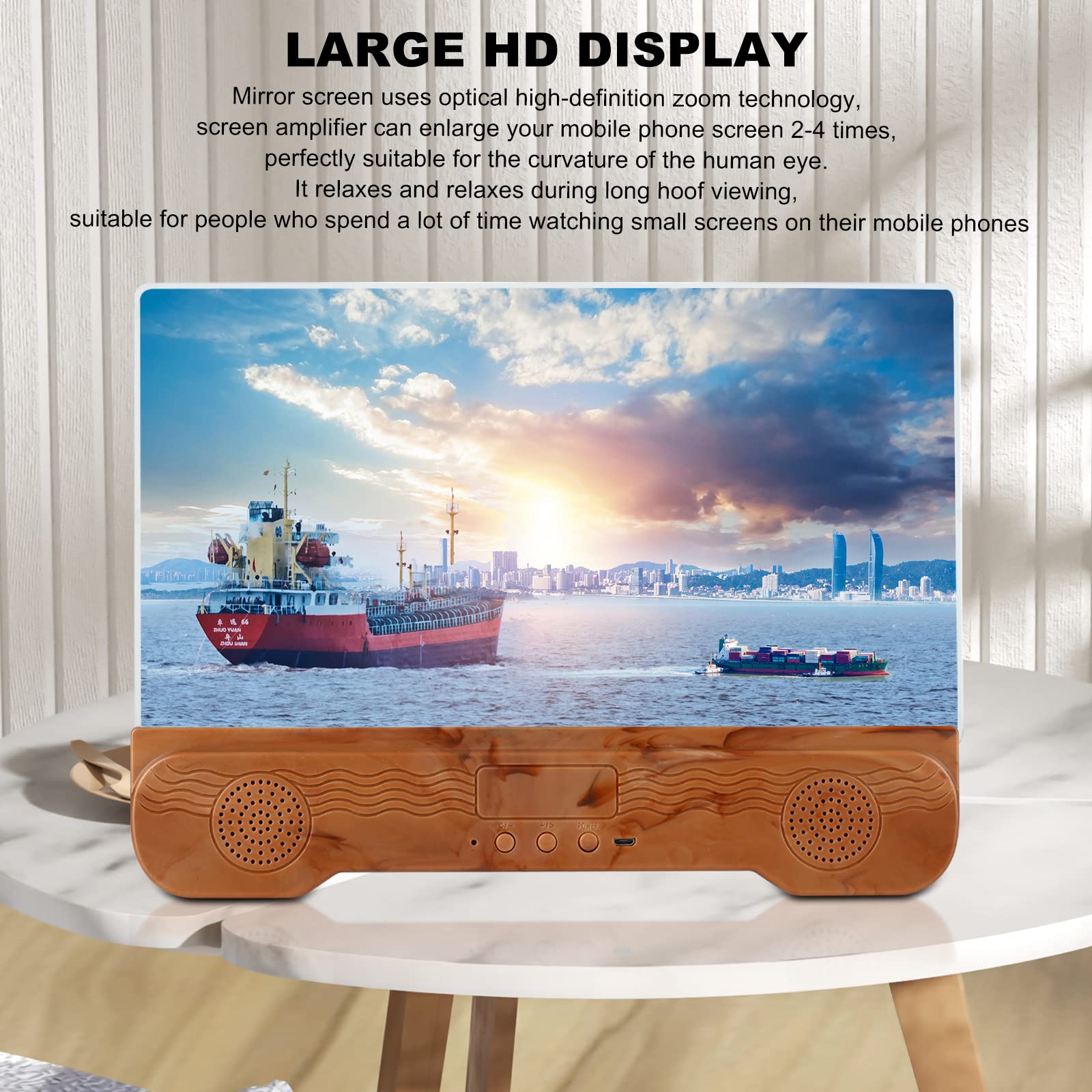 HSRBO 14" Cell Phone Screen Magnifier with Wireless Speaker Foldable Phone Stand with HD Screen Amplifier for Movies,Videos,Reading,Gaming,Compatible with All Smartphones (Wood Color)