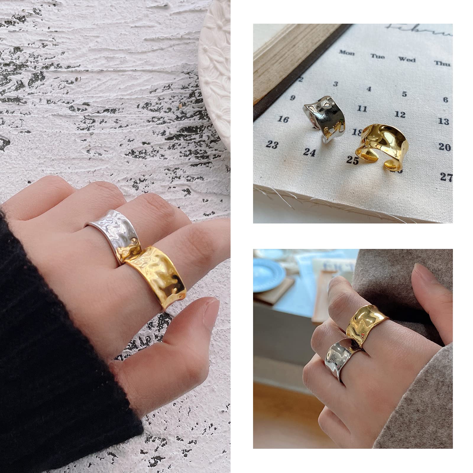 HUASAI Gold Plated Ring for Women Hammered Wide Ring Simple Chunky Band Ring Open Adjustable Knuckle Ring Statement Irregular Thumb Ring(Gold)