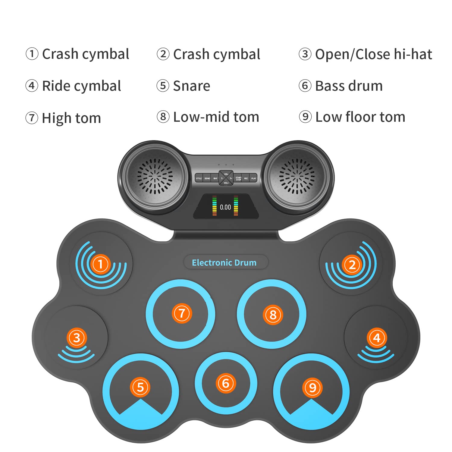 KONIX Electronic Drum Set, Large Size 9 Pads Electric Drum Set, Roll Up Beginner Drum Kit with Headphone Jack Dual Speaker, Midi Drum Pedals Sticks, Kids Birthday Christmas Gift