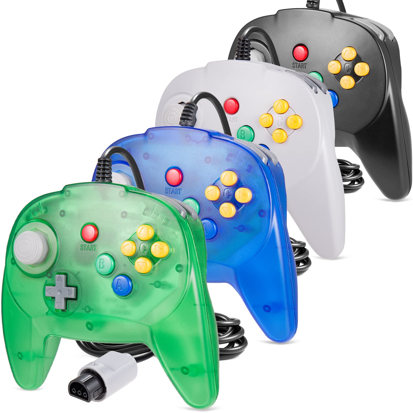 iNNEXT [New Version] 4 Pack for N64 Controller, Game pad Joystick for 64 - Plug & Play (Non PC USB Version) (Joystick from Japan) Black/Grey/Clear Blue/Clear Green