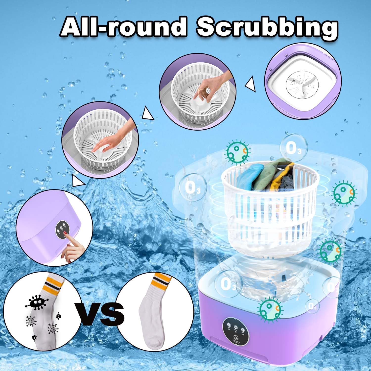 Portable Washing Machine,12L Mini Washer with Foldable Design, Small Folding Washing Machine with 3 Intelligent Cleaning Modes for Travel,Apartment,Baby Clothes,Socks(Purple)