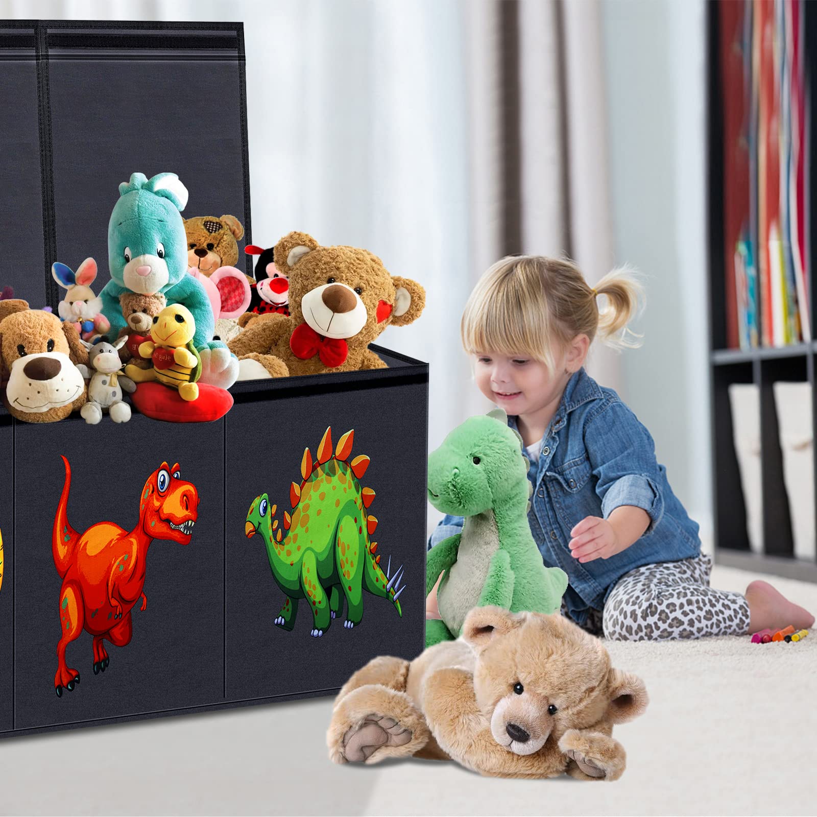 HOMEMARVEL Toy Box for Boys, Black Dinosaur and Horse Pattern