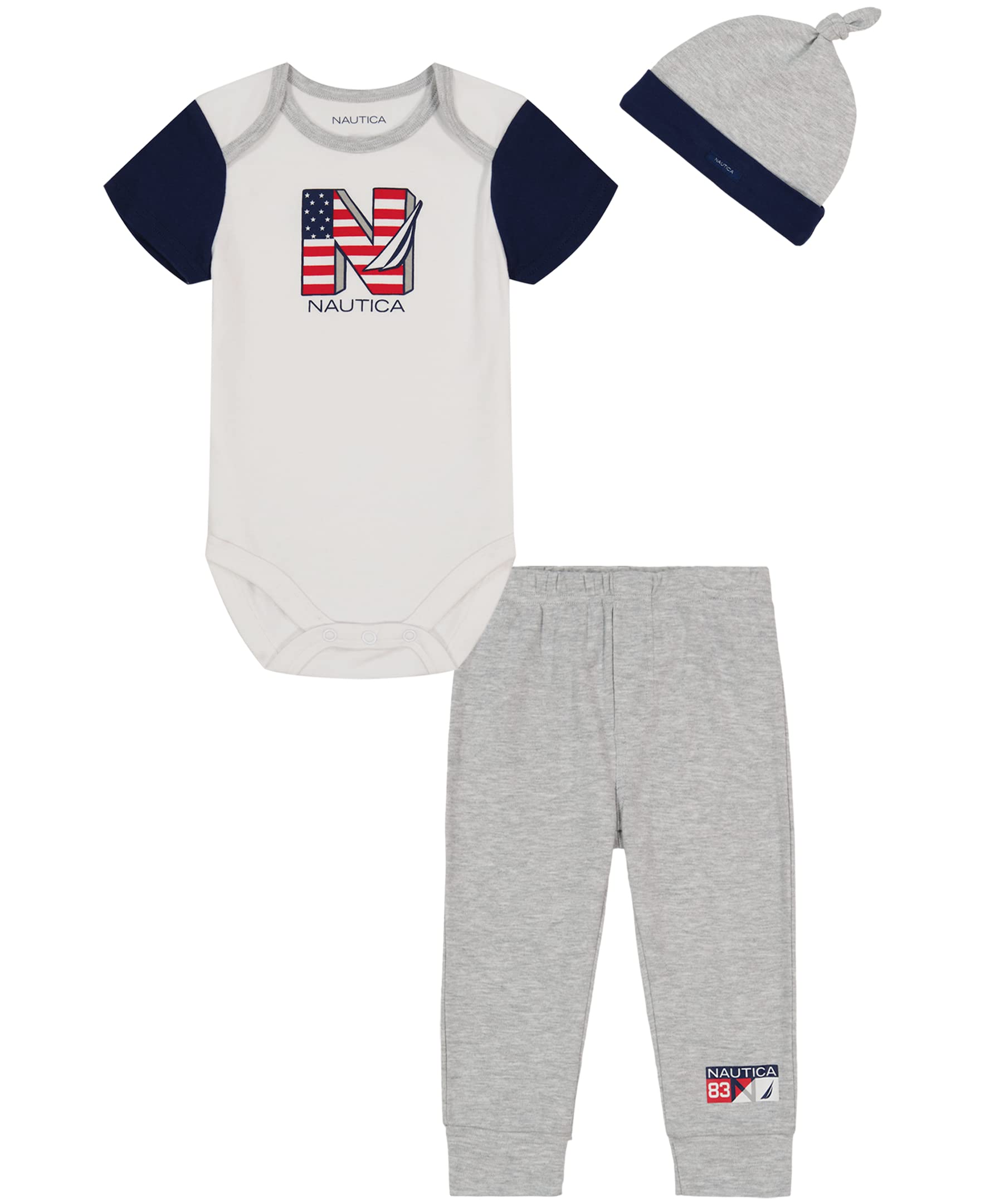 Nautica Sets (KHQ) Baby Boys 3 Pieces Pant Set, Heather/Medieval Blue, 0/3M US