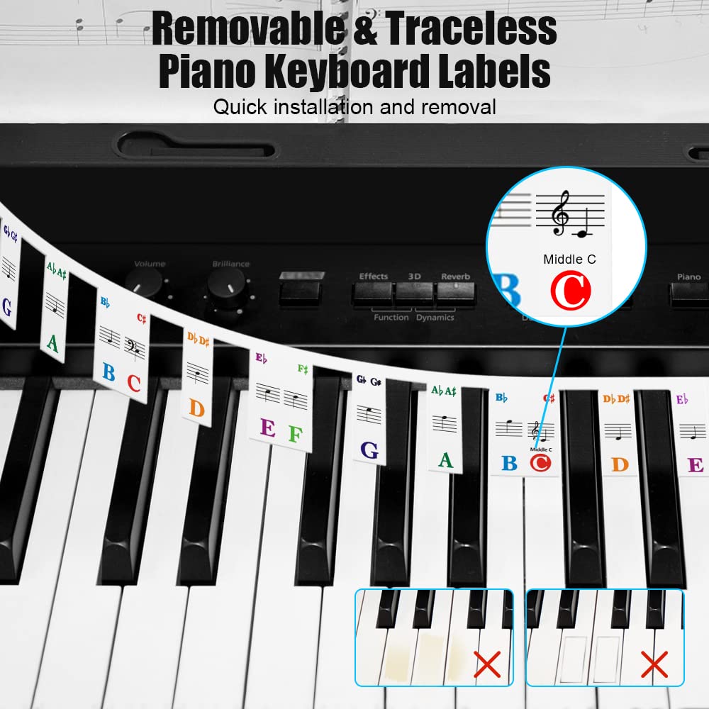 HiFan Removable Piano Keyboard Note Labels Without Sticking, 2 in 1 Piano Key Labels with Pitch Name & Staff, Durable Piano Note Labels for Beginner (88-key Standard Full Size)