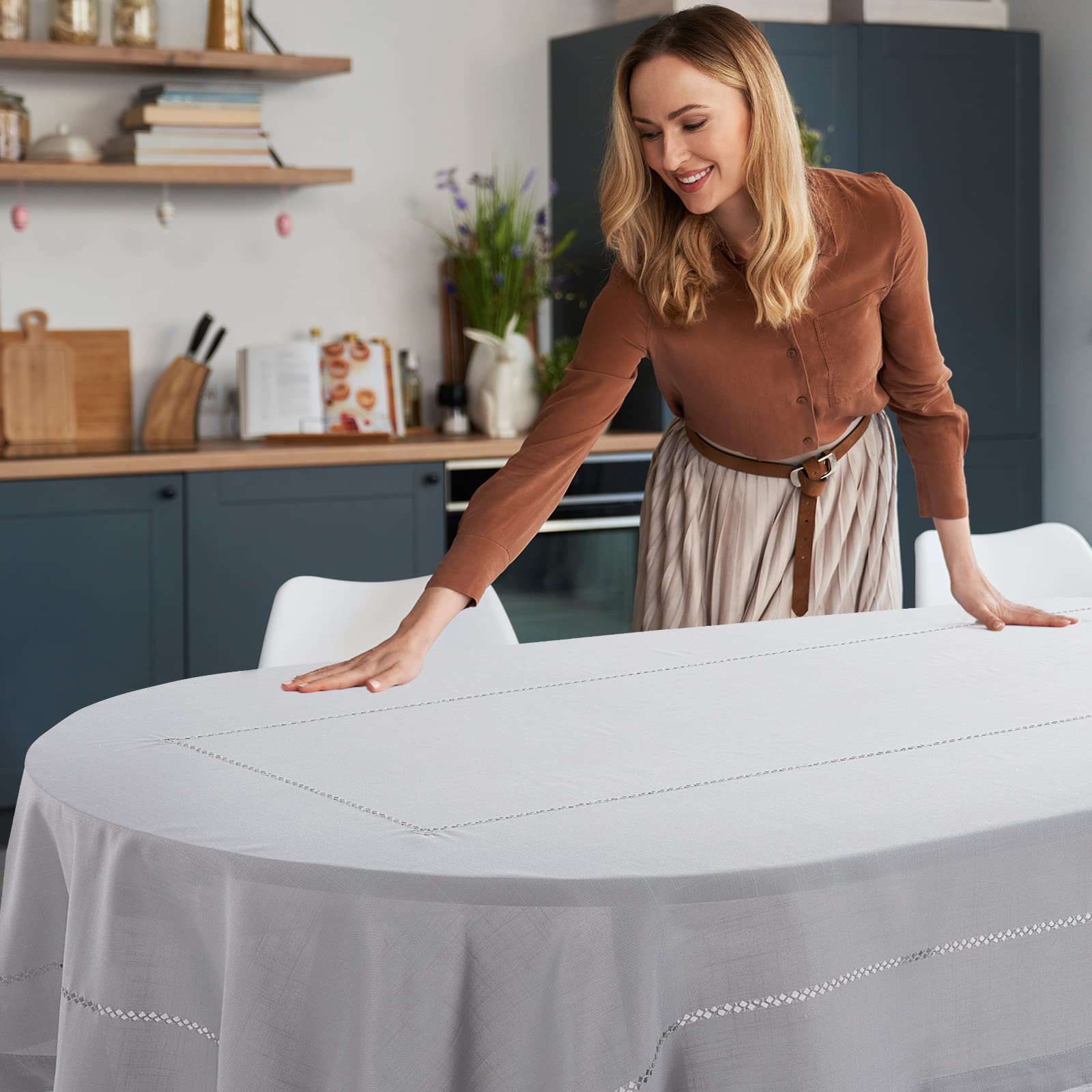 HOMBYS Oval Tablecloth with Hollow for Oval Table, 60x84 Inch Farmhouse Table Covers for Kitchen Dining Party, Wrinkle Free Anti-Fading Tabletop Decoration, Light Grey