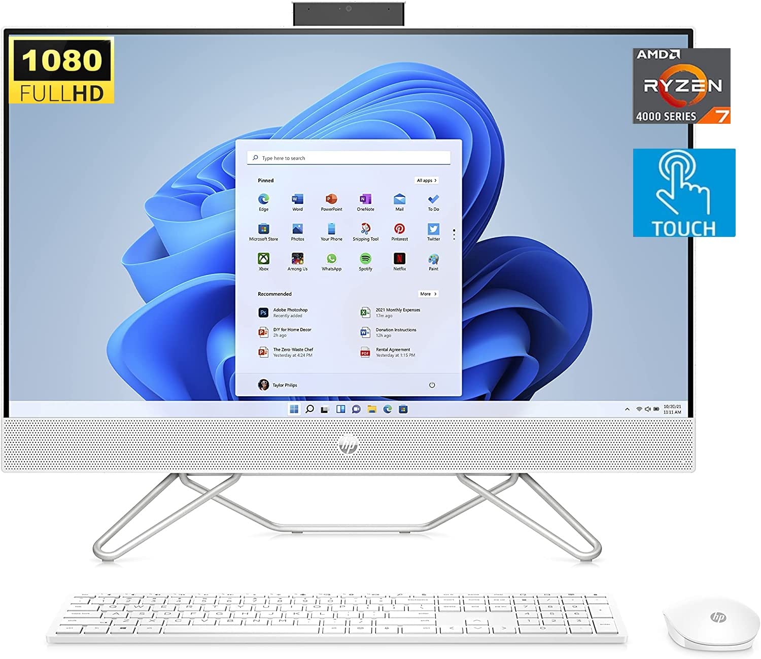 HP 27″ FHD Touchscreen All-in-One Desktop, AMD Ryzen 7 5700U, 16GB RAM, 512GB SDD+1TB HDD, Bluetooth, WiFi, Webcam, Wireless Keyboard and Mouse Combo, Windows 11 Home