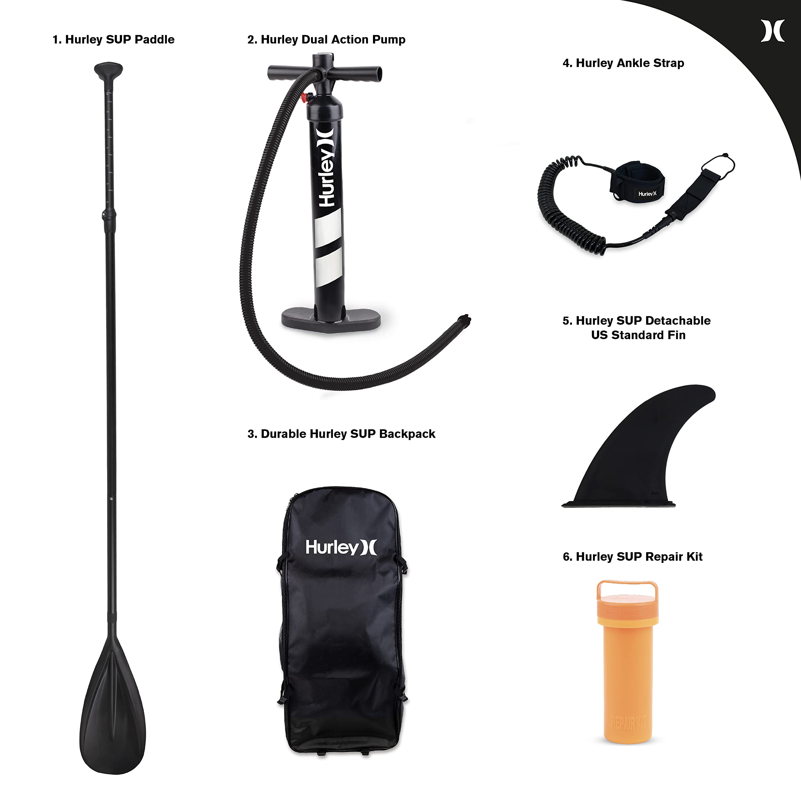 Hurley One & Only 10' 6" Stand Up Paddle Board with Backpack, Air Pump, Adjustable Floating Paddle, Coiled Leash, Fin & Repair Kit (White)