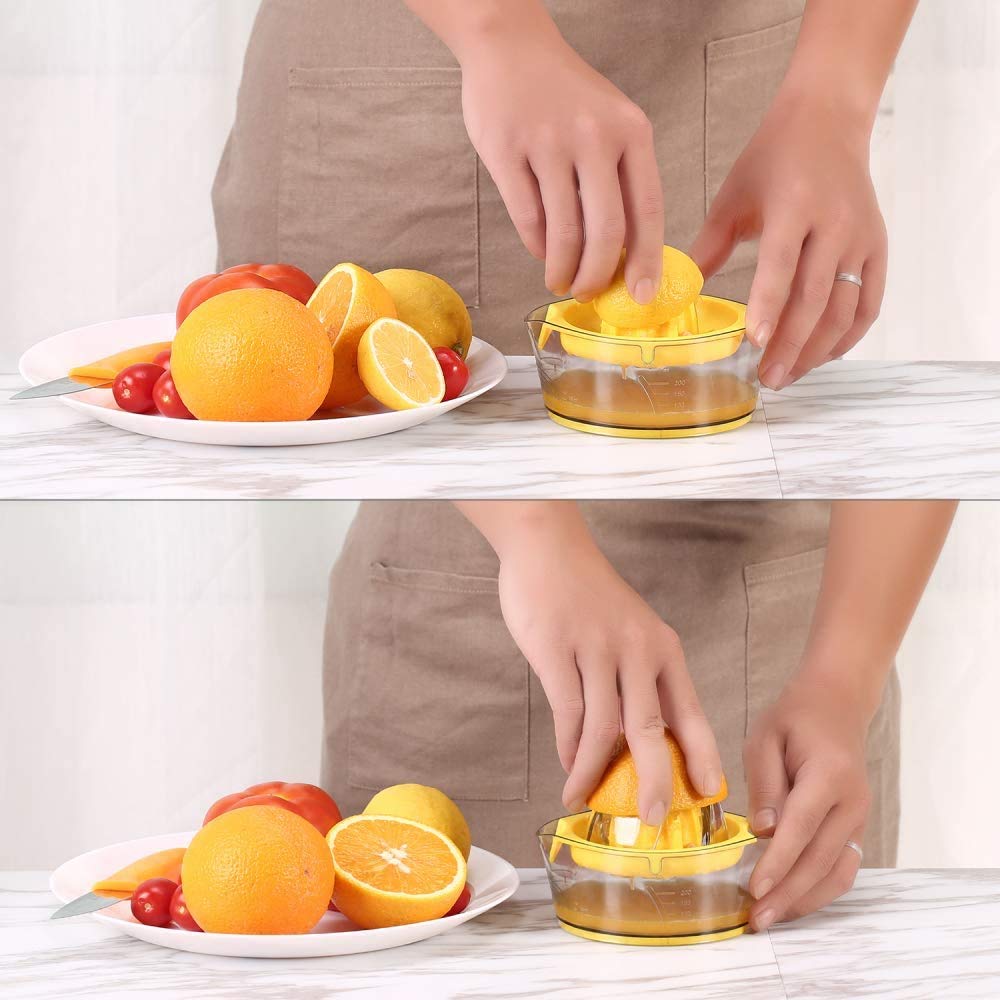 Kasmoire Citrus Lemon Orange Juicer, Manual Hand Squeezer with Built-in Measuring Cup and Strainer, 8OZ, Yellow