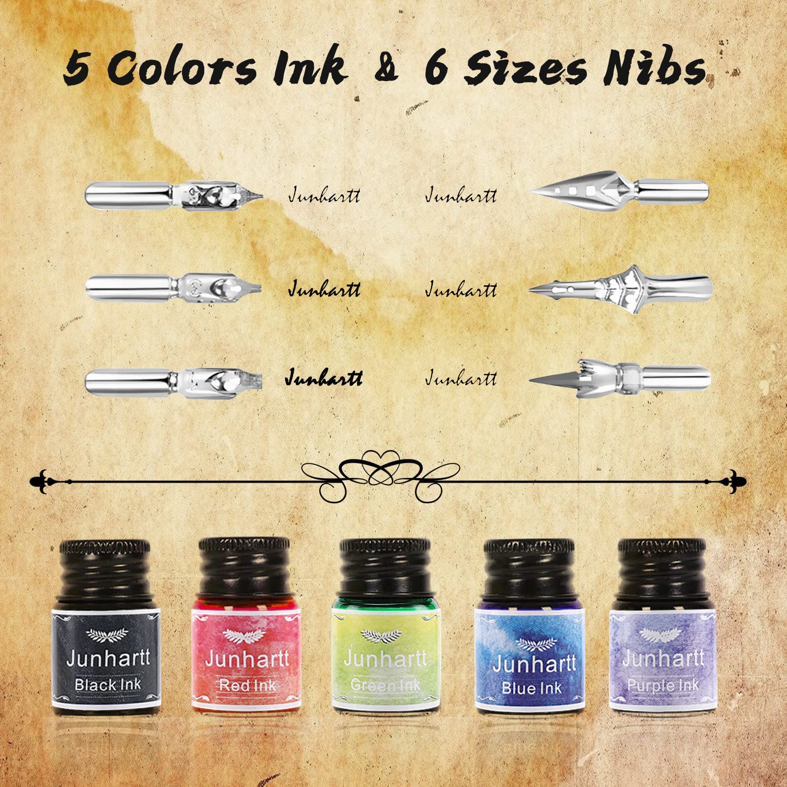 Junhartt Quill Feather Pen and Ink Set - Antique Calligraphy Dip Pen with 6 Nibs (Cyan)